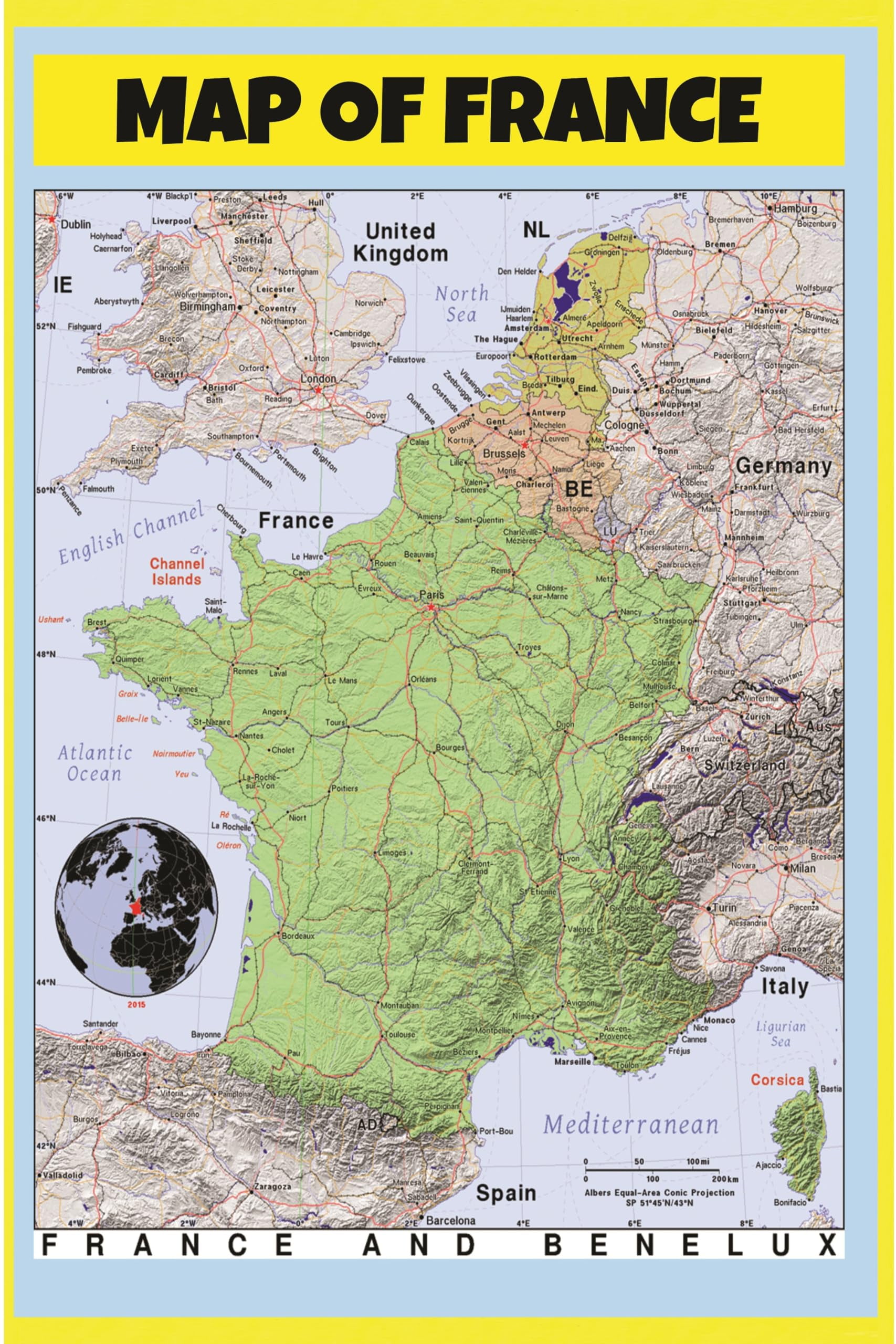 Map of France - Glossy Heavy Paper Wall Map Poster Print Perfect for Classrooms and Homes ...