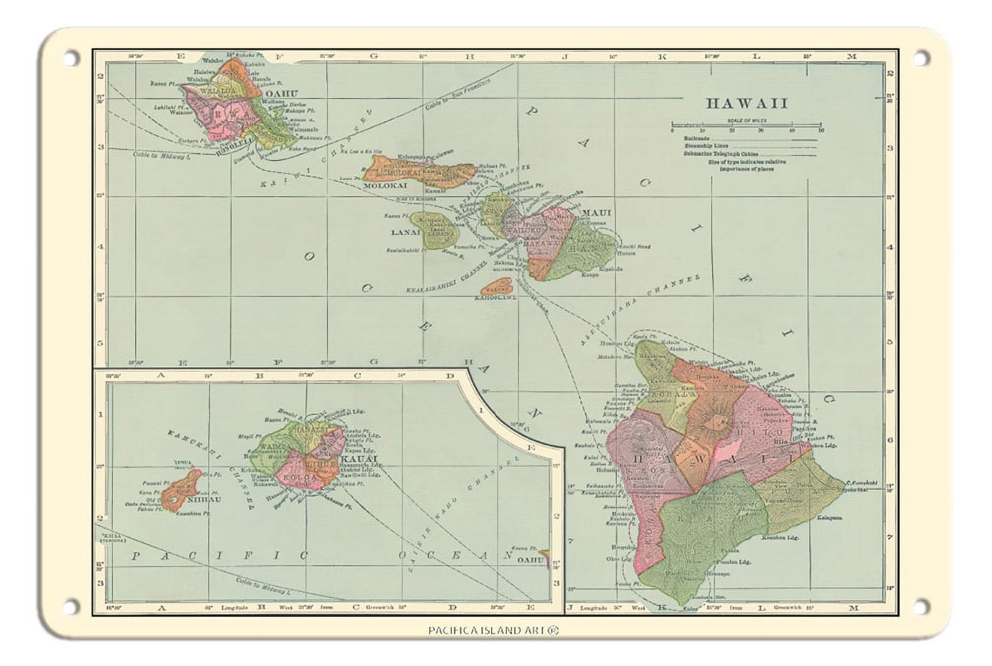 Map of Hawaii - Hawaiian Islands - Vintage Colored Cartographic Map by ...