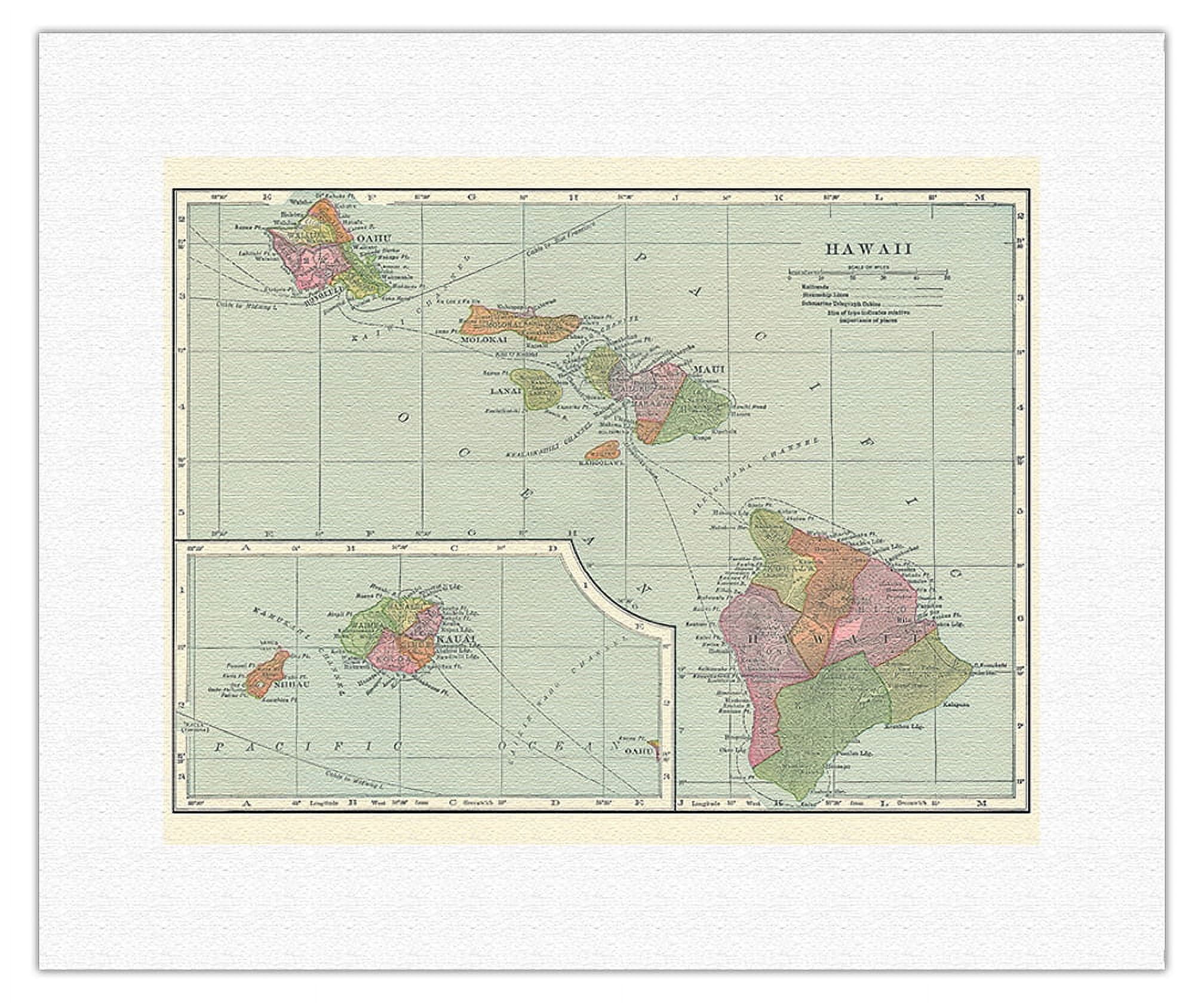 Map of Hawaii - Hawaiian Islands - Vintage Colored Cartographic Map by ...