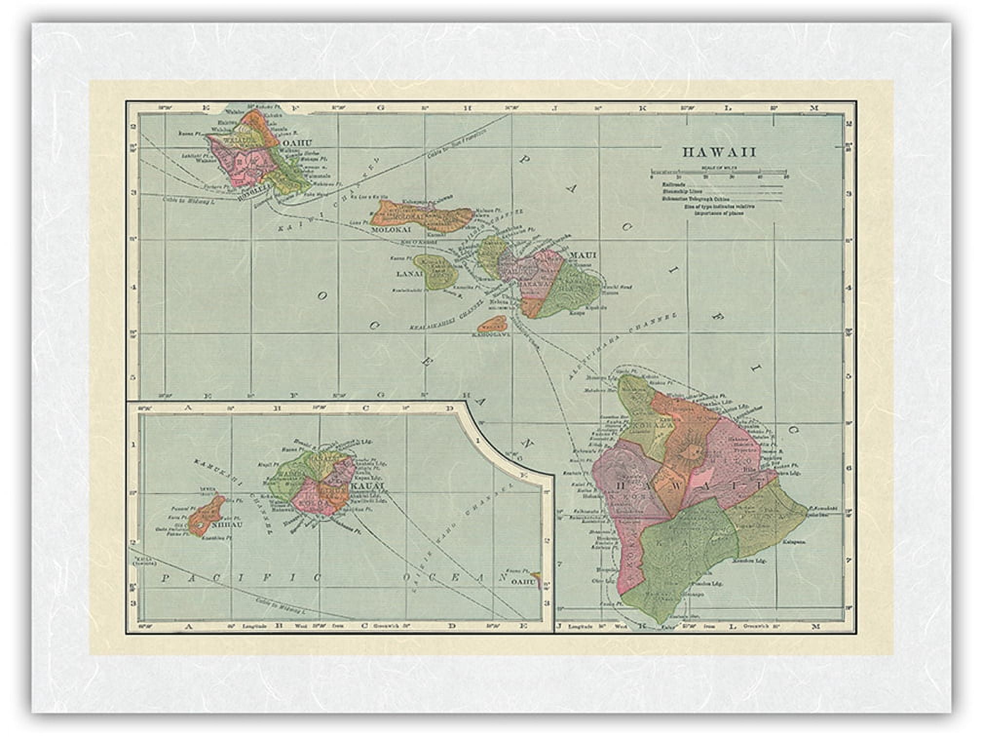 Map of Hawaii - Hawaiian Islands - Vintage Colored Cartographic Map by ...