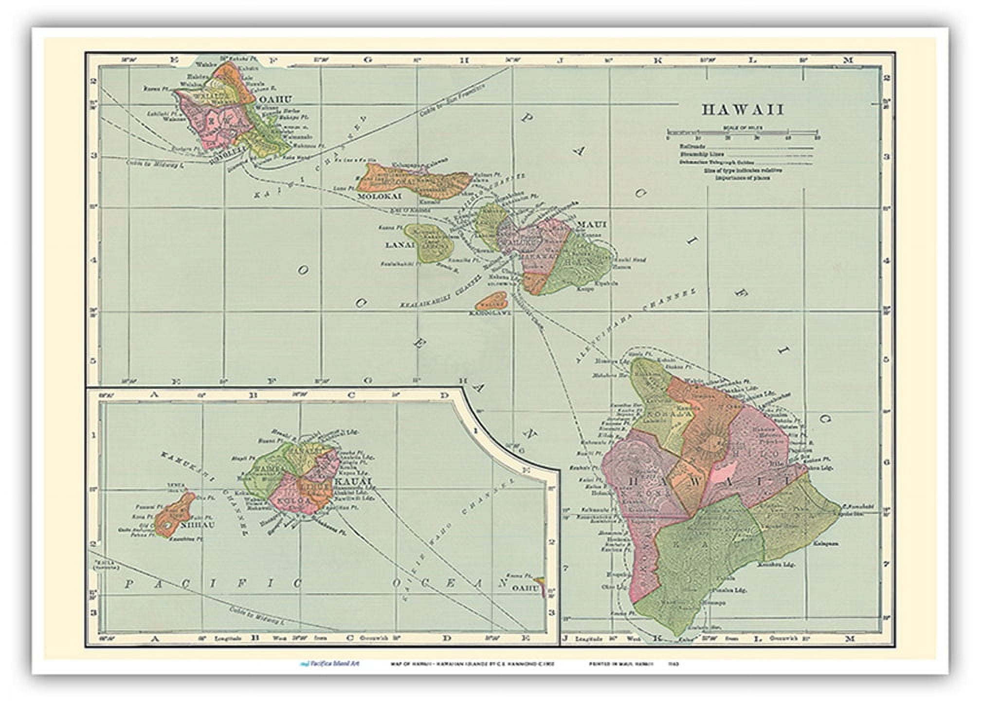 Map of Hawaii - Hawaiian Islands - Vintage Colored Cartographic Map by ...