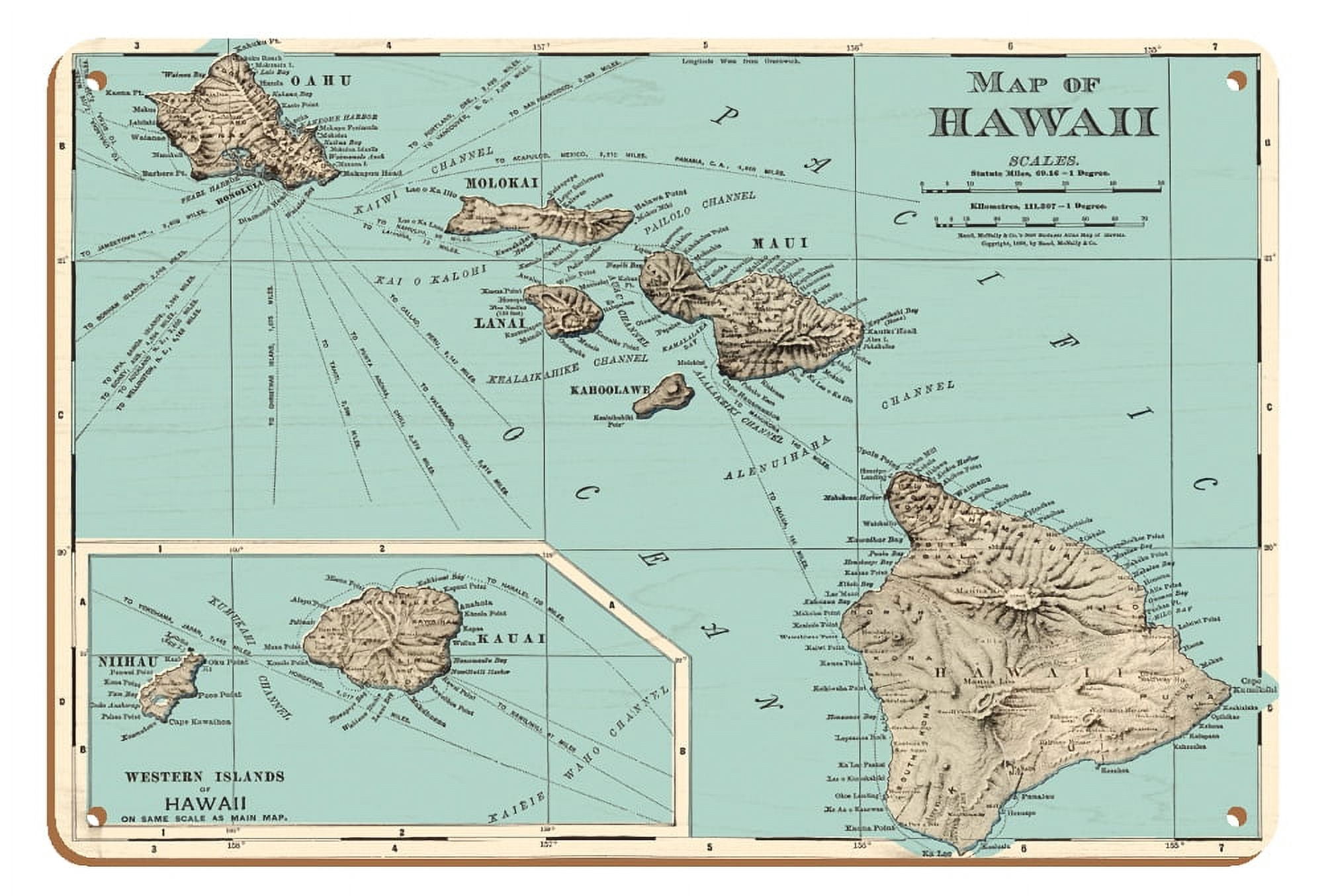 Map of Hawaii - from Rand McNally Atlas - Vintage Colored Cartographic ...