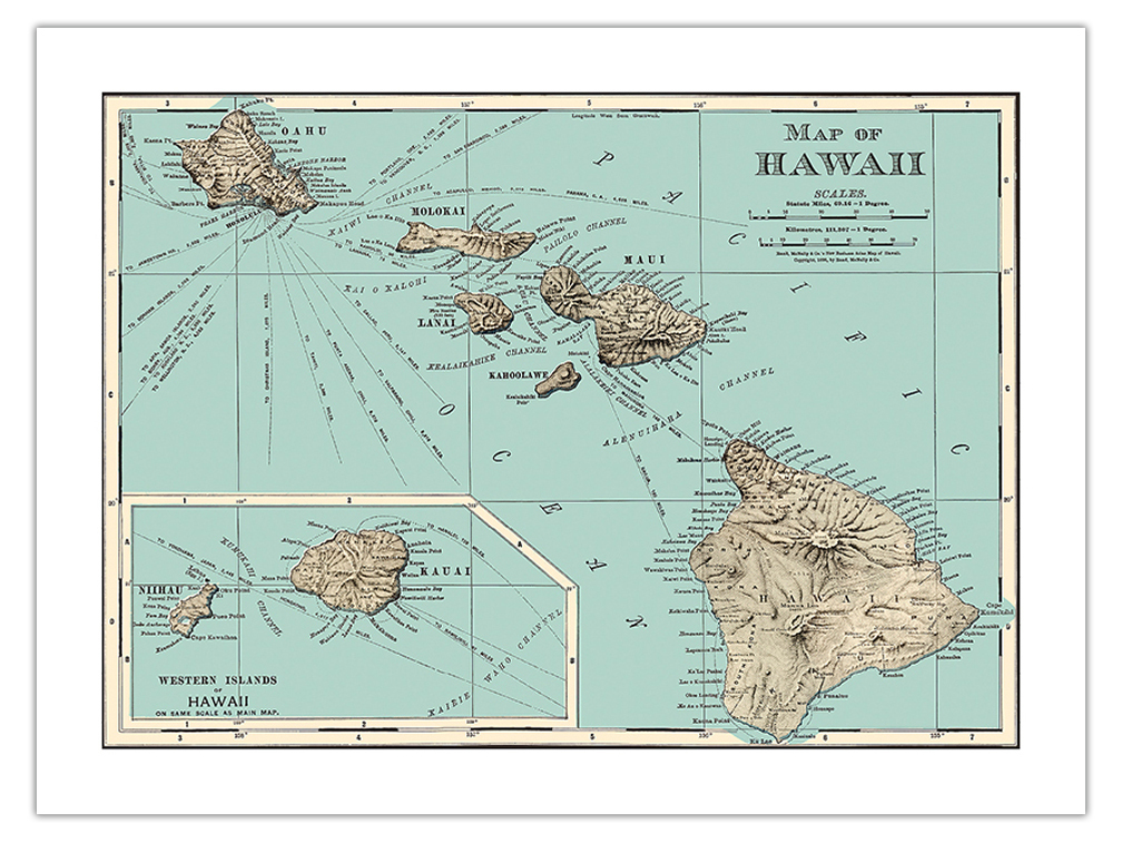 Map of Hawaii - from Rand McNally Atlas - Vintage Colored Cartographic ...