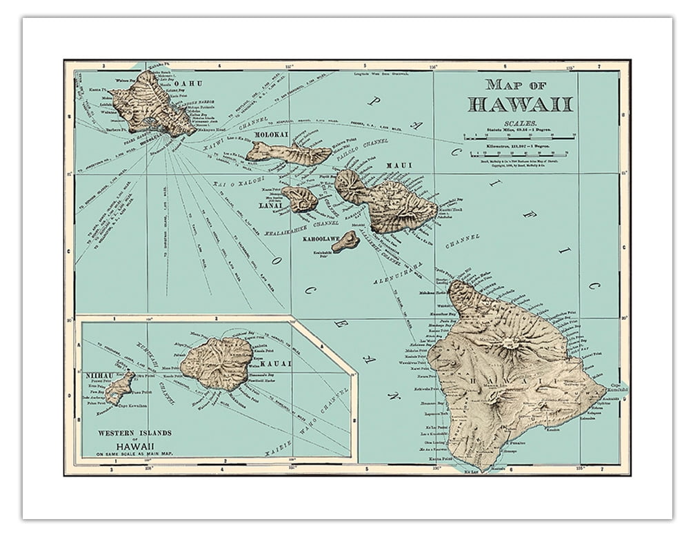 Map of Hawaii - from Rand McNally Atlas - Vintage Colored Cartographic ...