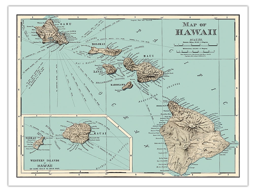 Map of Hawaii - from Rand McNally Atlas - Vintage Colored Cartographic ...