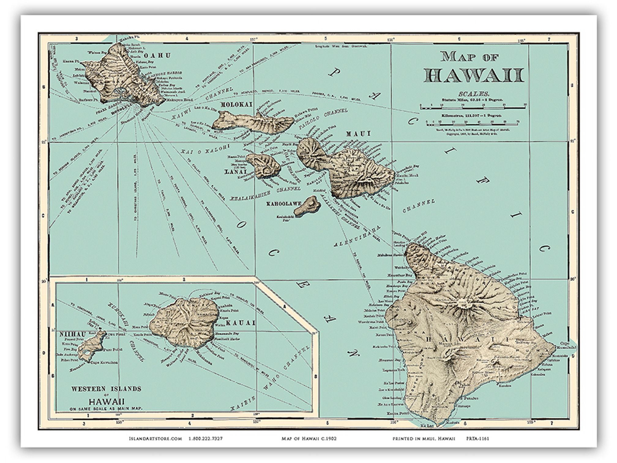 Map of Hawaii - from Rand McNally Atlas - Vintage Colored Cartographic ...