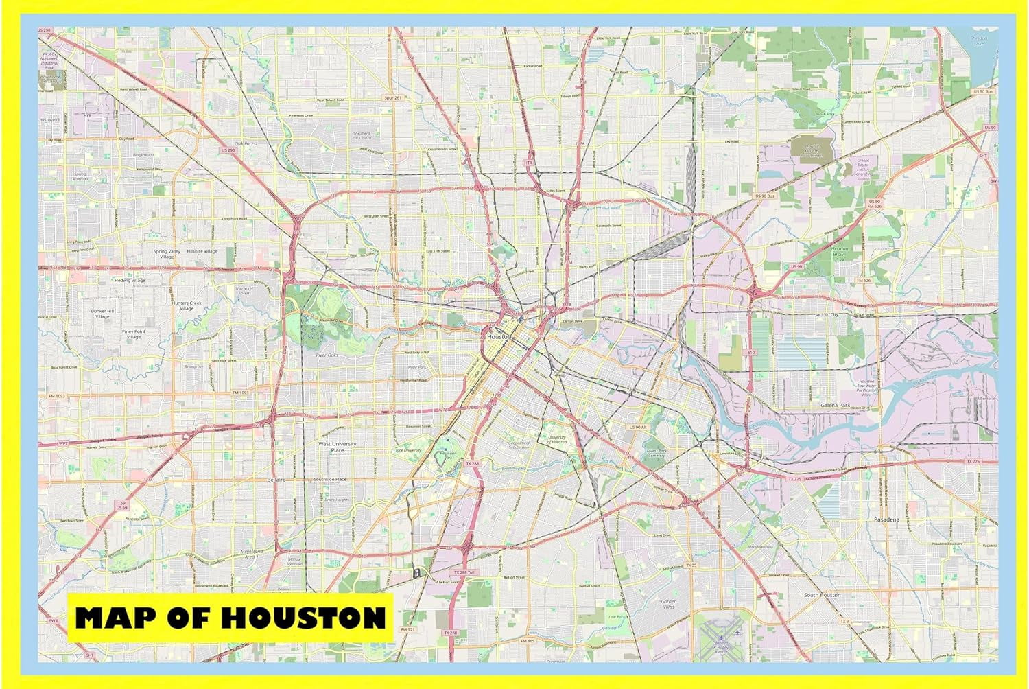 Map of Houston 20x30 with Neighborhoods, Streets, Roads, Highways and ...