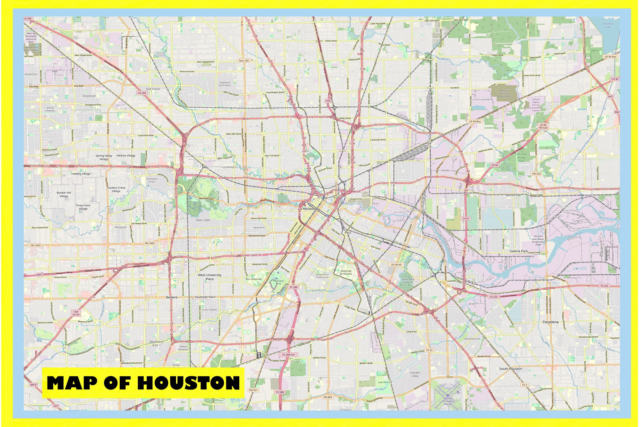 Map of Houston 24x36 with Neighborhoods, Streets, Roads, Highways and ...
