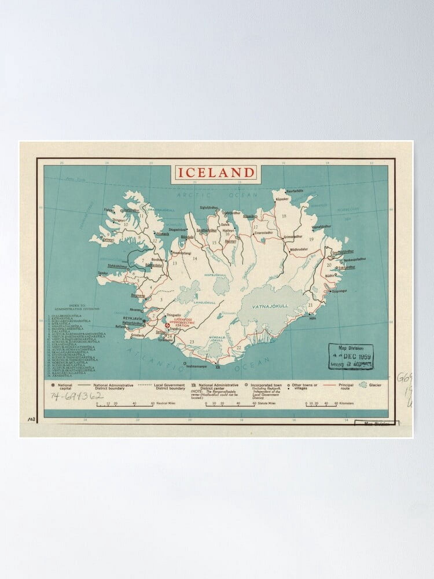 Map of Iceland (circa 1958) Poster - Walmart.com