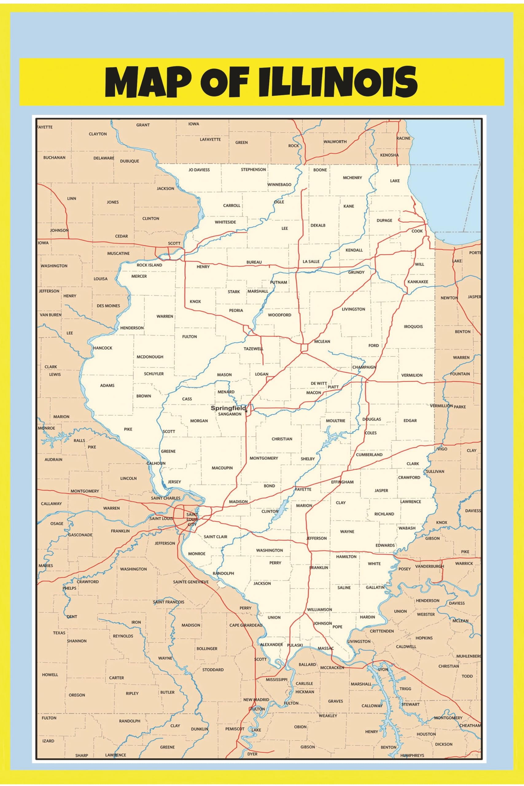 Map of Illinois Style B - Glossy Heavy Paper Wall Map Poster Print ...