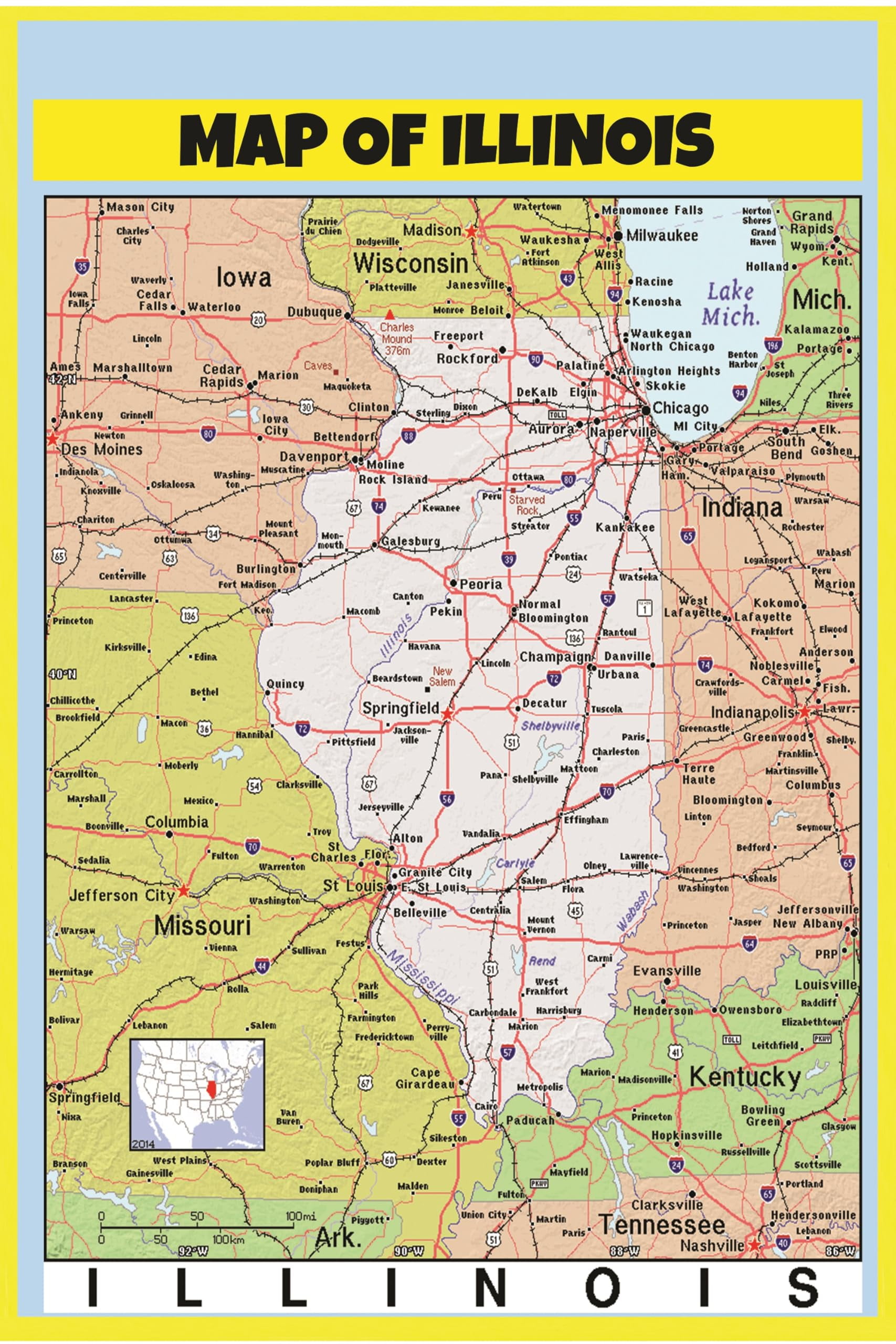 Map of Illinois Style C - Laminated Wall Map Poster Print Perfect for Classrooms and Homes ...