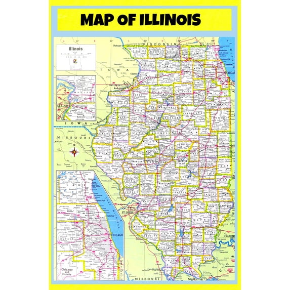 Map of Illinois Style D - Glossy Heavy Paper Wall Map Poster Print Perfect for Classrooms and ...