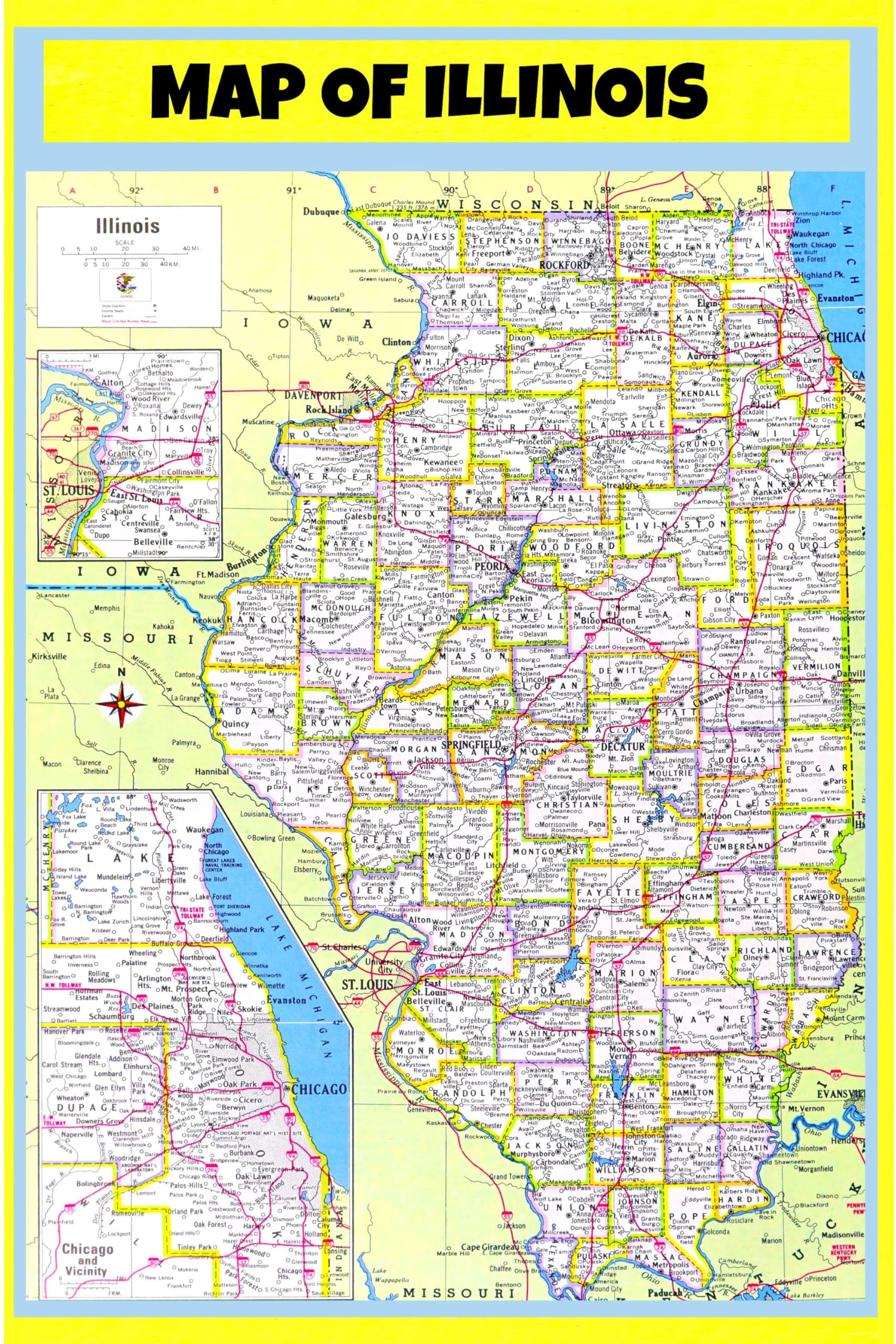 Map of Illinois Style D - Laminated Wall Map Poster Print Perfect for ...