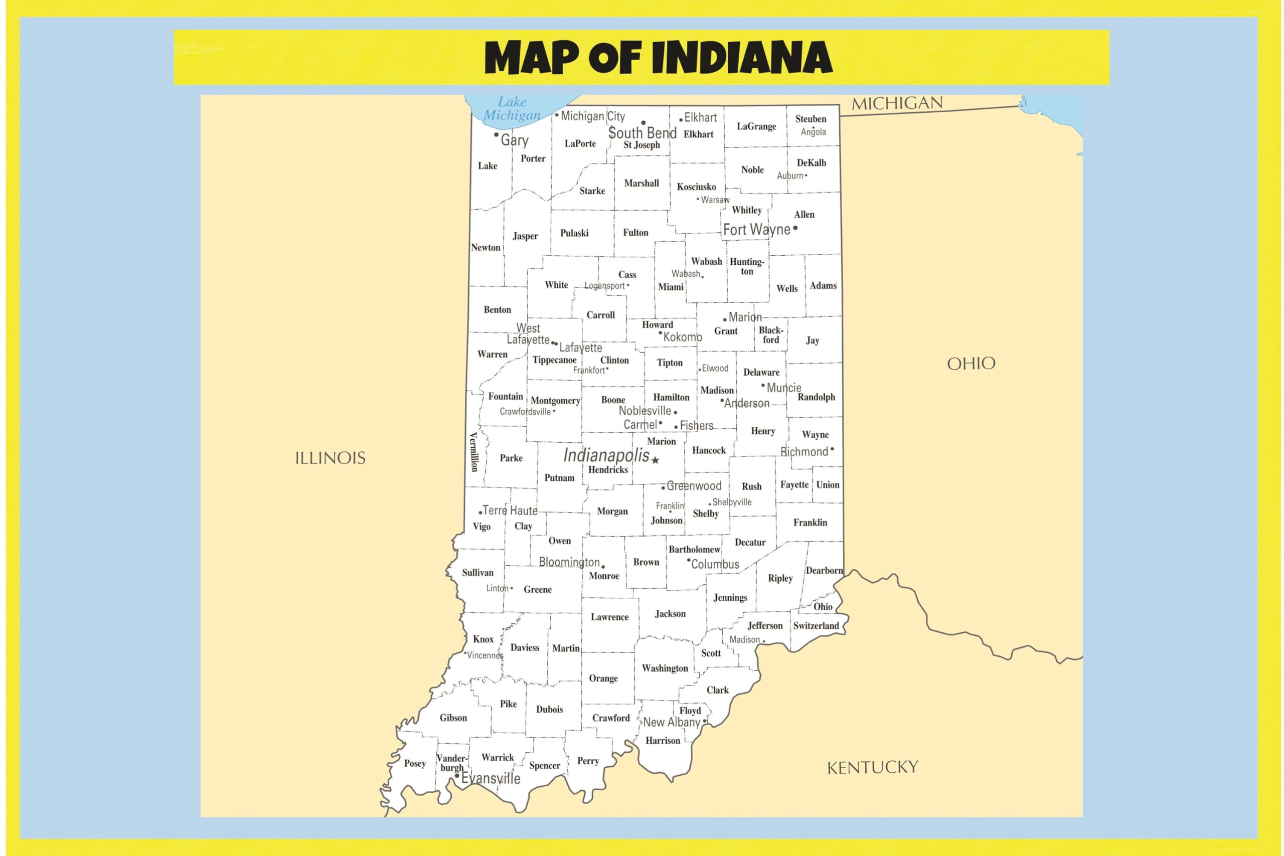 Map of Indiana - Glossy Heavy Paper Wall Map Poster Print Perfect for Classrooms and Homes ...