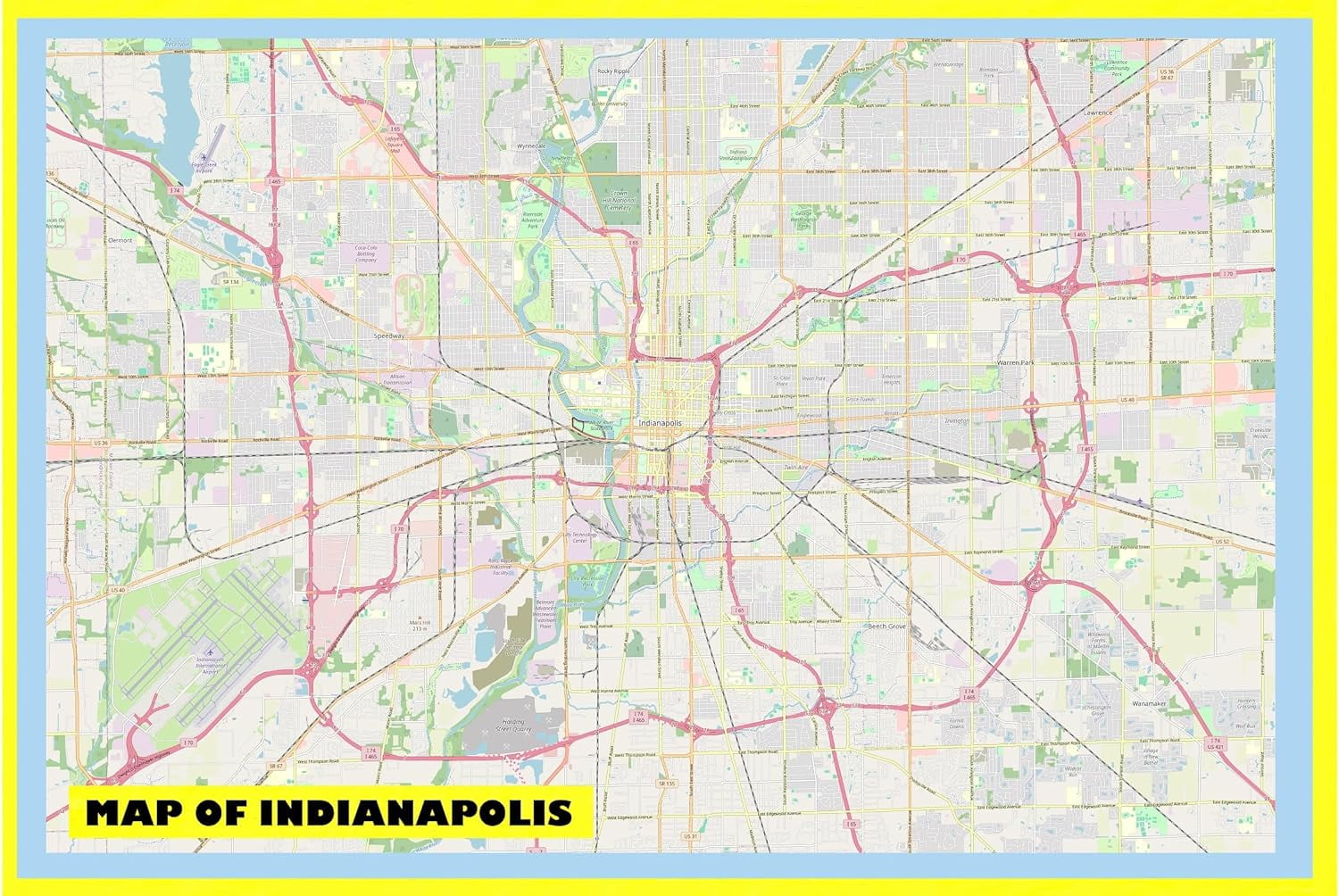 Map of Indianapolis 18x24 with Neighborhoods, Streets, Roads, Highways ...