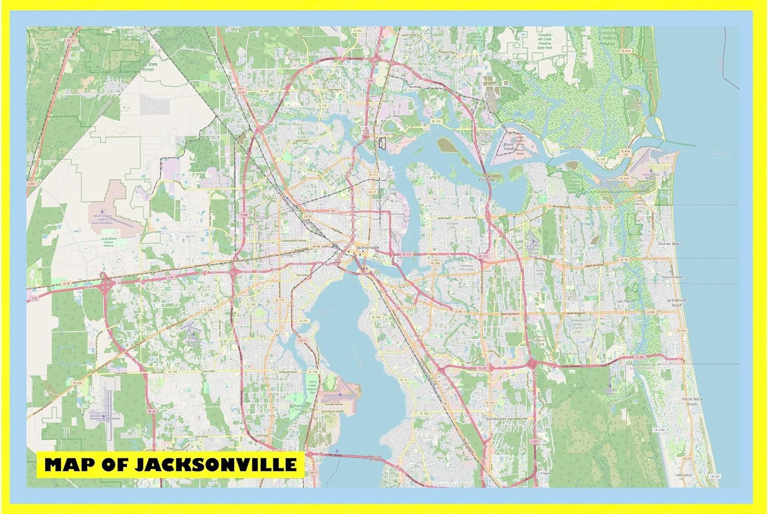 Map of Jacksonville 24x36 with Neighborhoods, Streets, Roads, Highways and Parks - Laminated ...