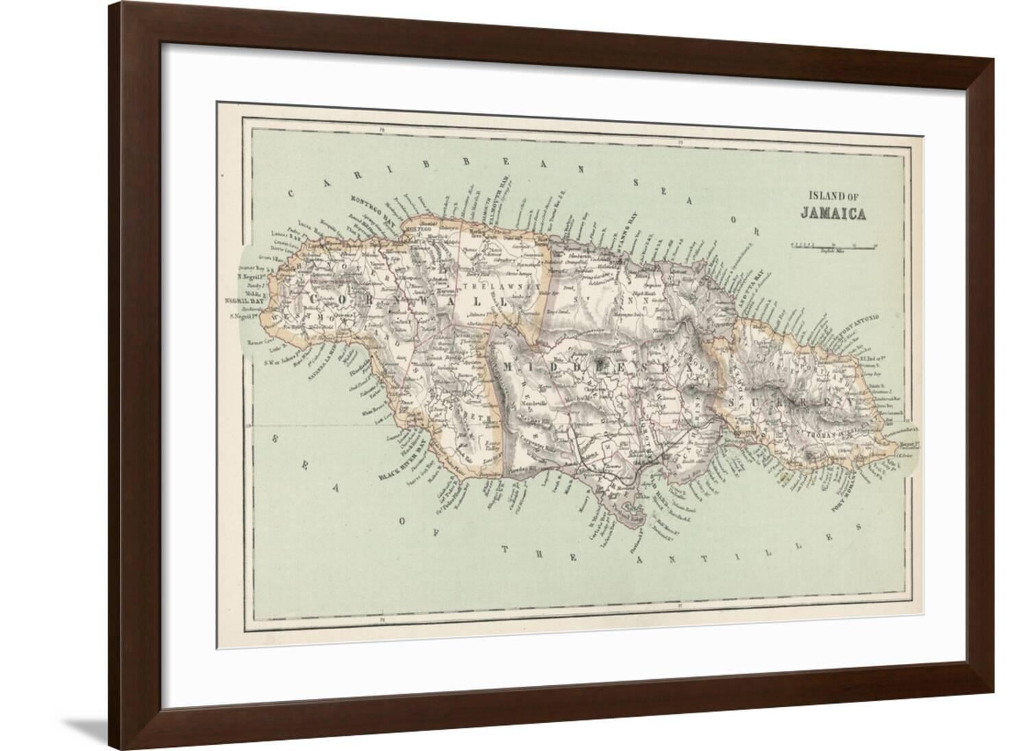 Art.com Map of Jamaica Photographic Print, Brown Frame Wall Art, 44" x ...