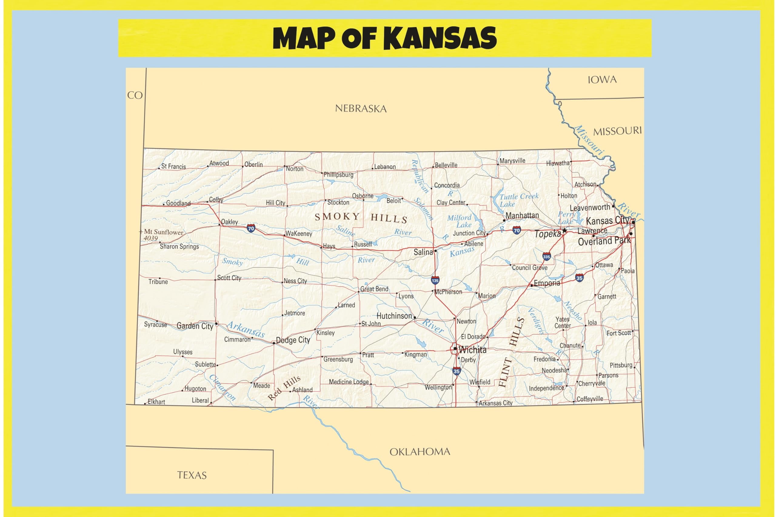 Map of Kansas - Laminated Wall Map Poster Print Perfect for Classrooms ...