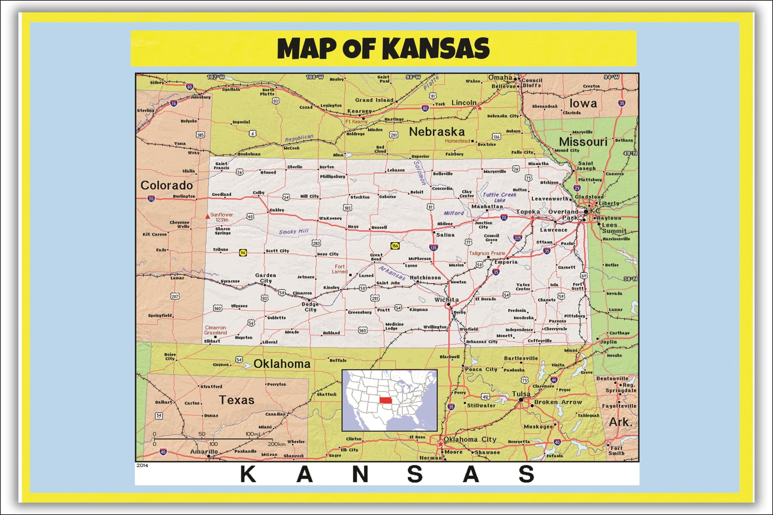 Map of Kansas Style C 18x24 - Laminated Wall Map Poster Print Perfect ...