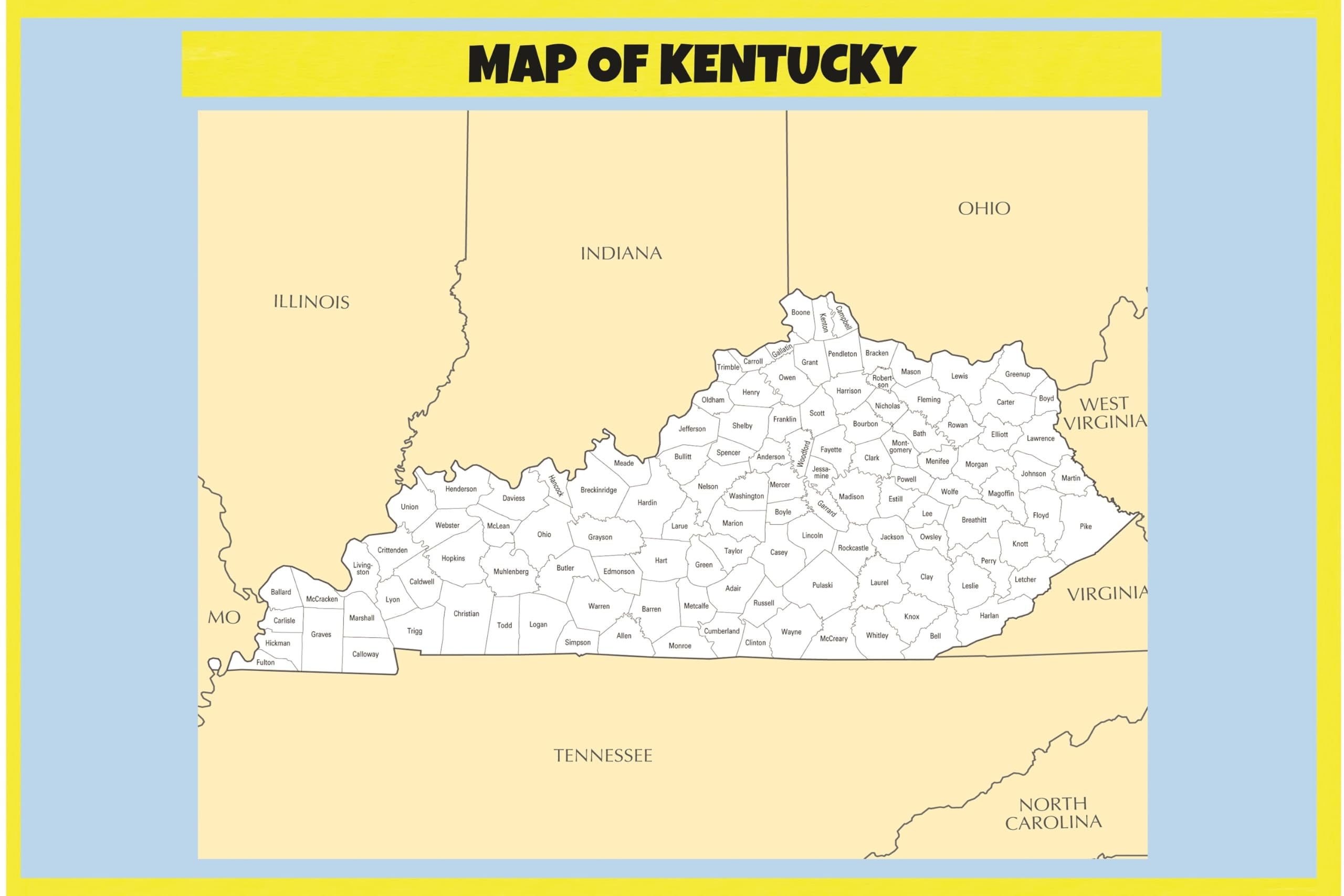 Map of Kentucky - Laminated Wall Map Poster Print Perfect for ...