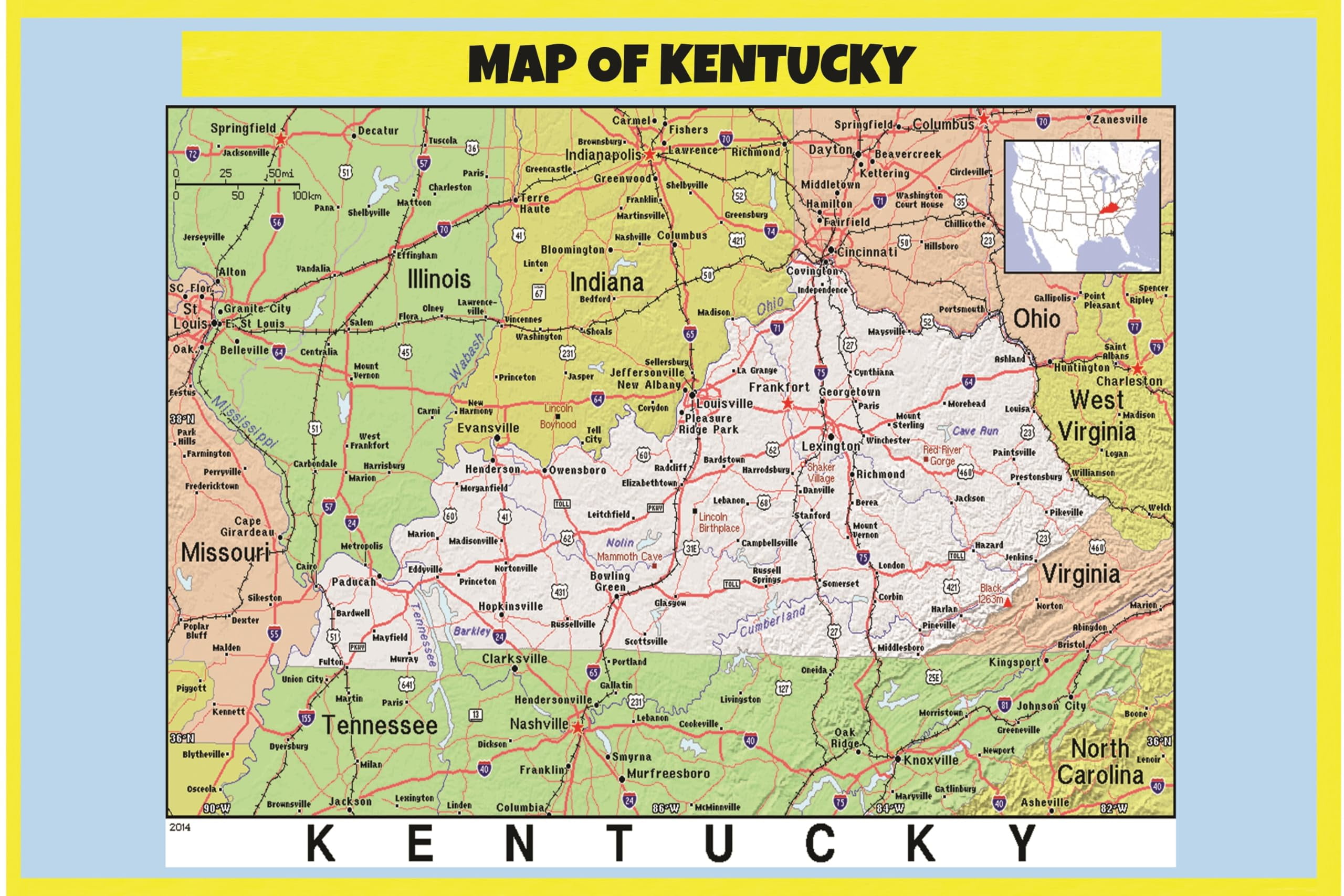 Map of Kentucky Style C - Laminated Wall Map Poster Print Perfect for Classrooms and Homes ...