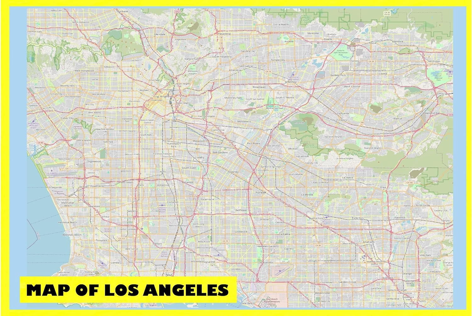 Map of Los Angeles 18x24 with Neighborhoods, Streets, Roads, Highways ...