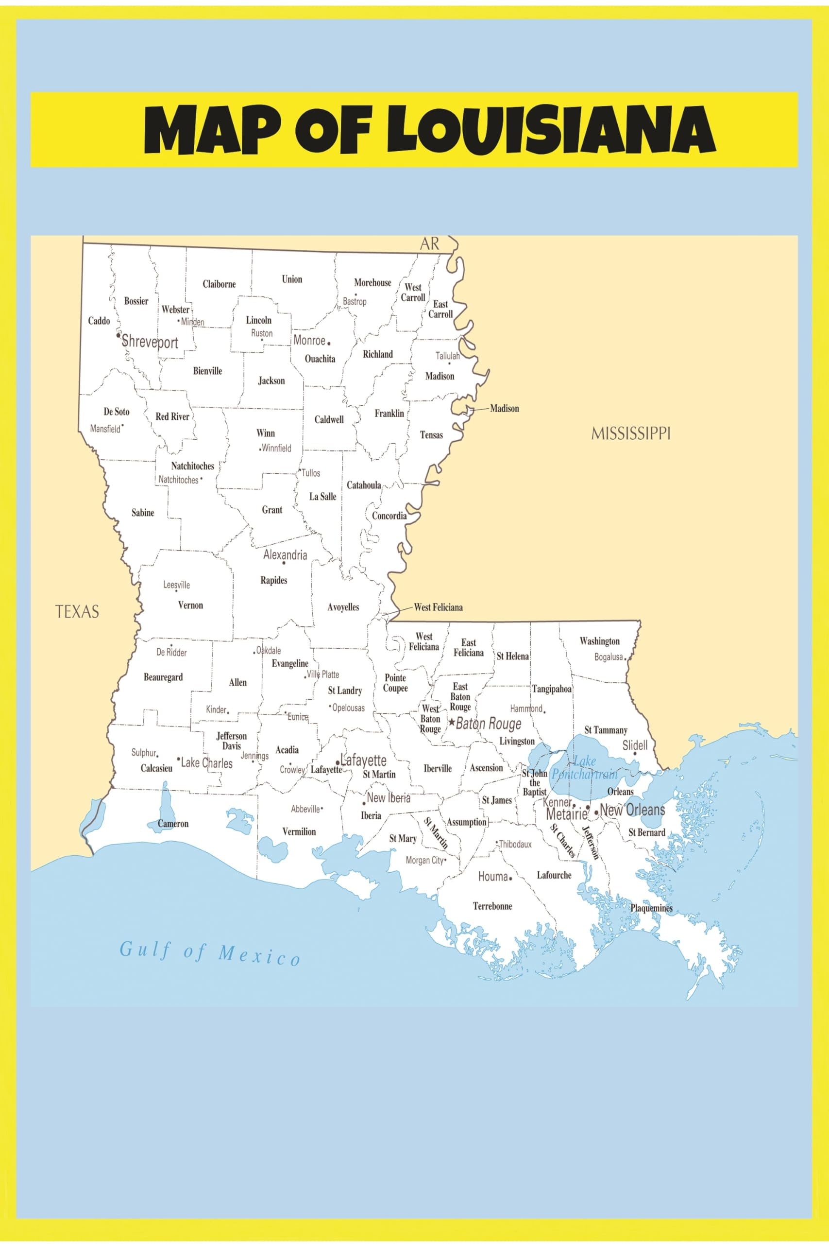 Map of Louisiana - Glossy Heavy Paper Wall Map Poster Print Perfect for ...
