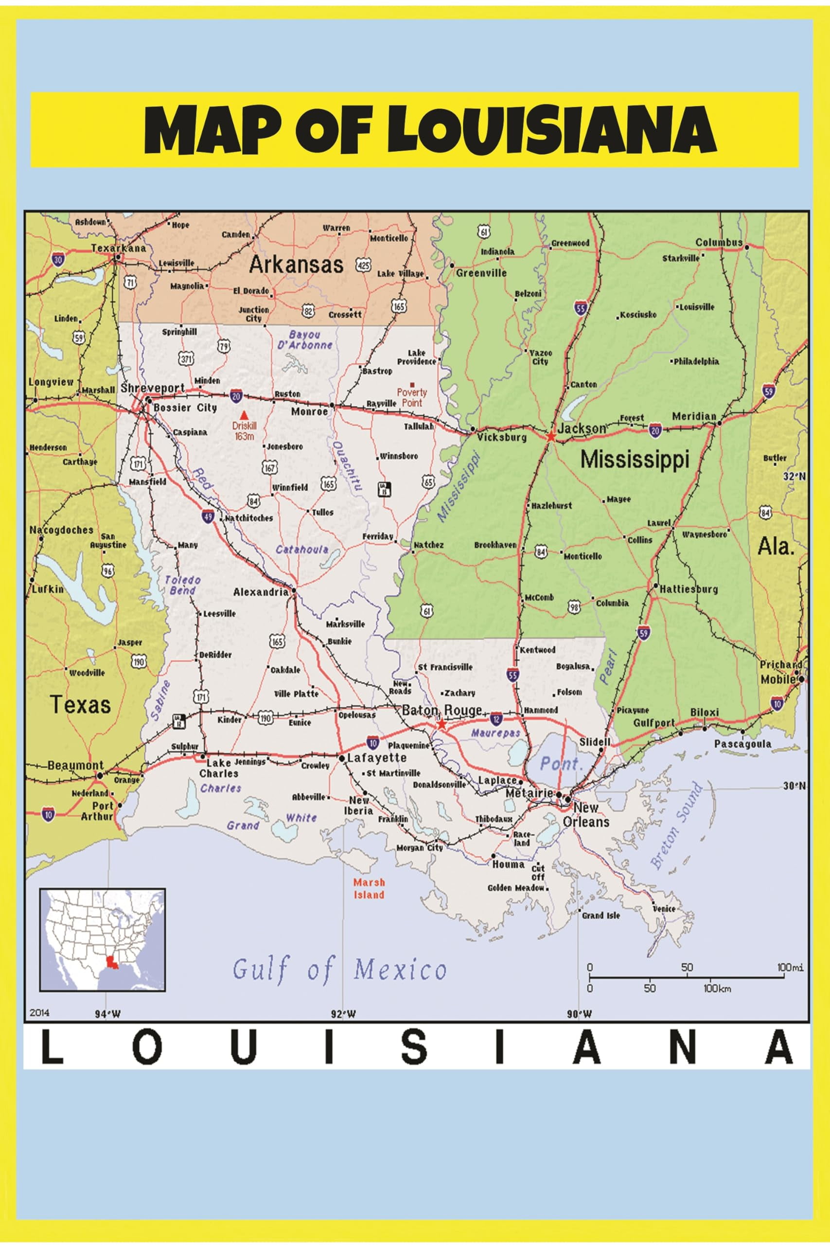 Map of Louisiana Style C - Glossy Heavy Paper Wall Map Poster Print Perfect for Classrooms and ...