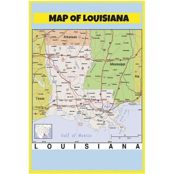 Map of Louisiana Style C - Laminated Wall Map Poster Print Perfect for Classrooms and Homes ...