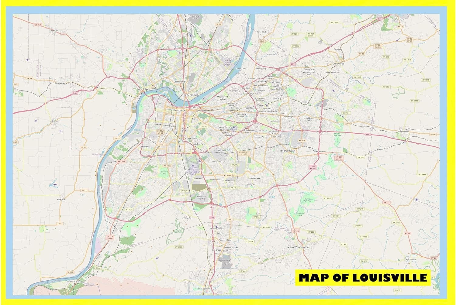 Map of Louisville 18x24 with Neighborhoods, Streets, Roads, Highways ...