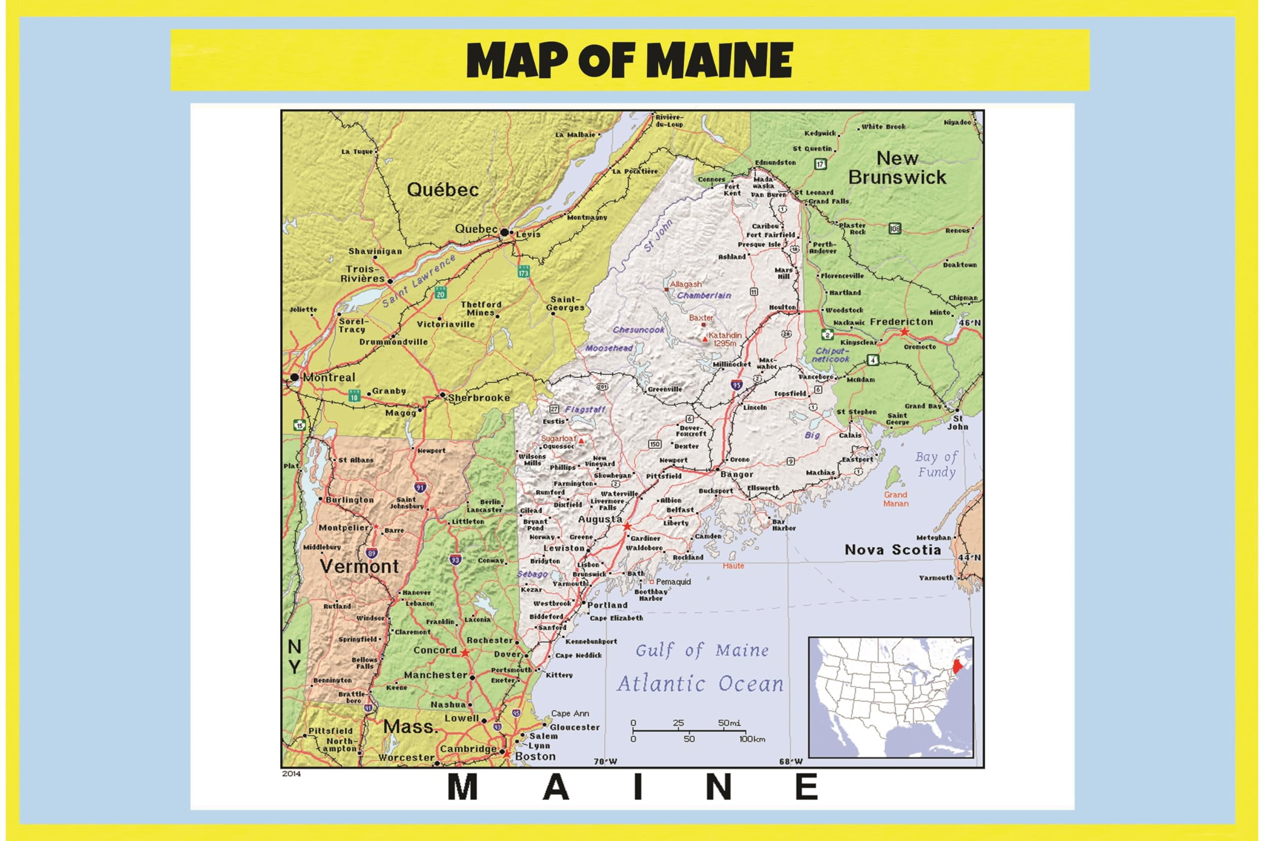 Map of Maine Style C - Laminated Wall Map Poster Print Perfect for Classrooms and Homes - Vivid ...