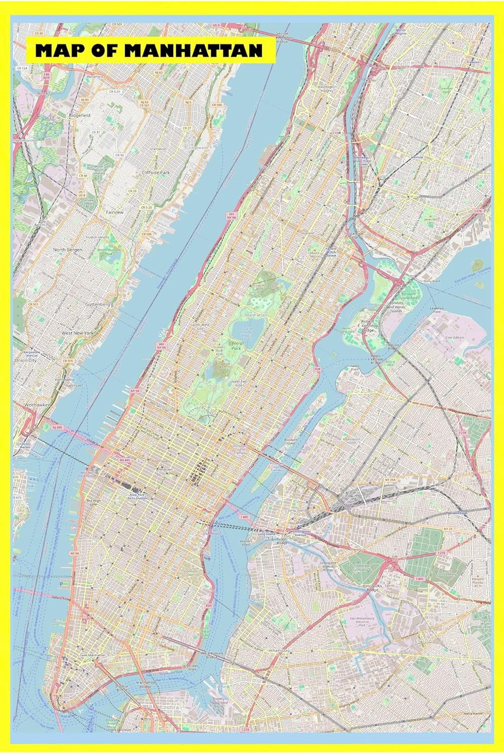 Map of Manhattan 18x24 with Neighborhoods, Streets, Roads, Highways and ...