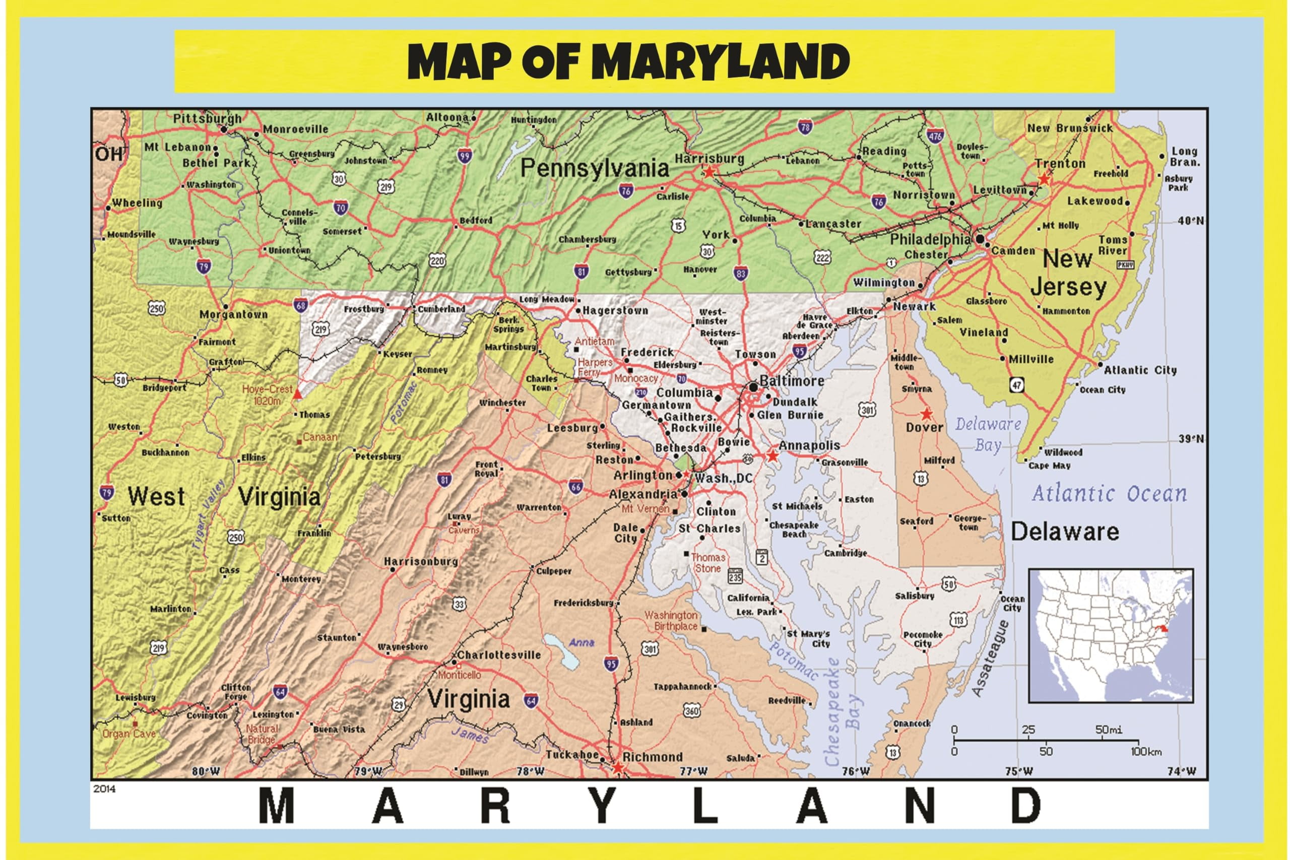 Map of Maryland Style C - Glossy Heavy Paper Wall Map Poster Print Perfect for Classrooms and ...