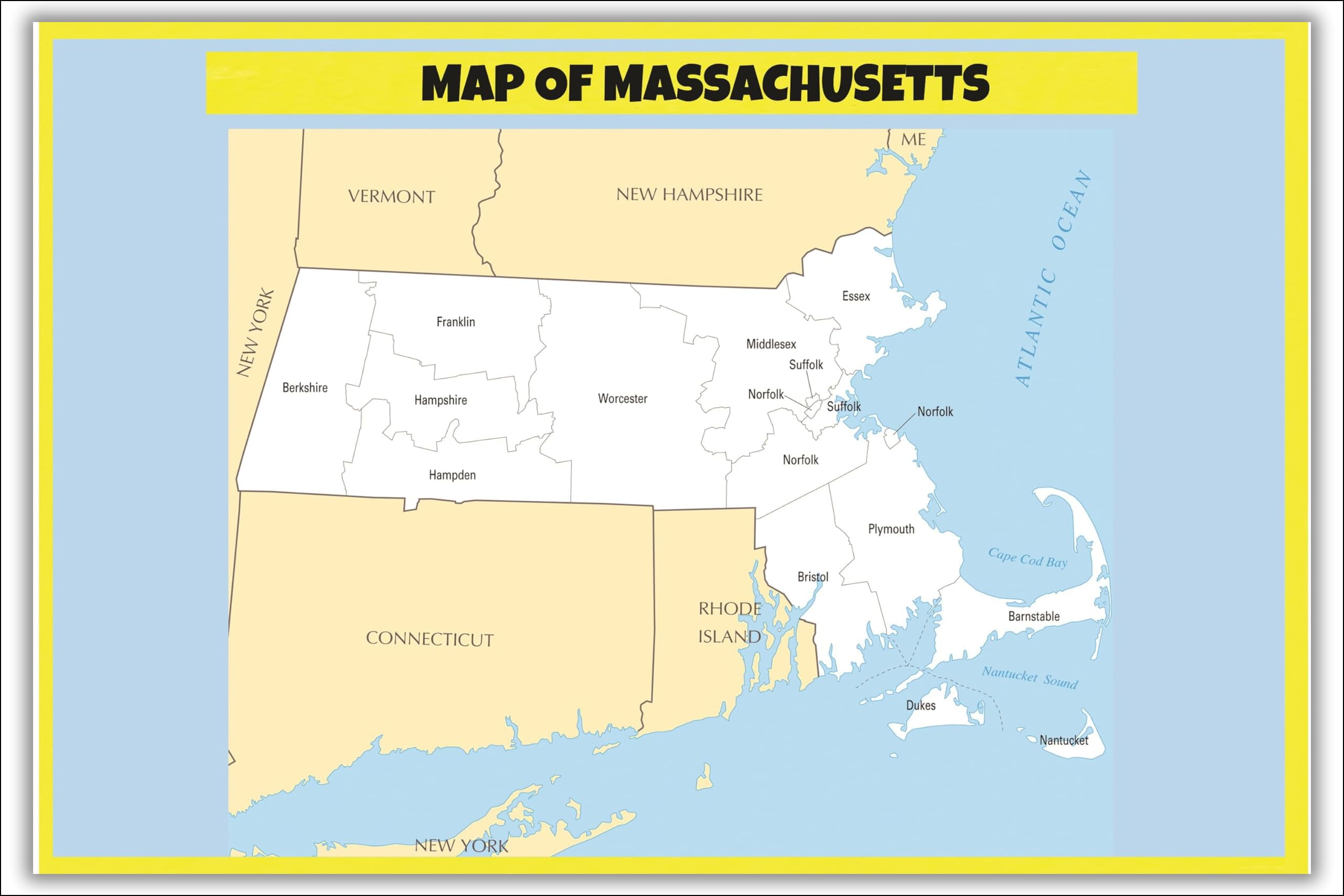 Map of Massachusetts - Laminated Wall Map Poster Print Perfect for ...