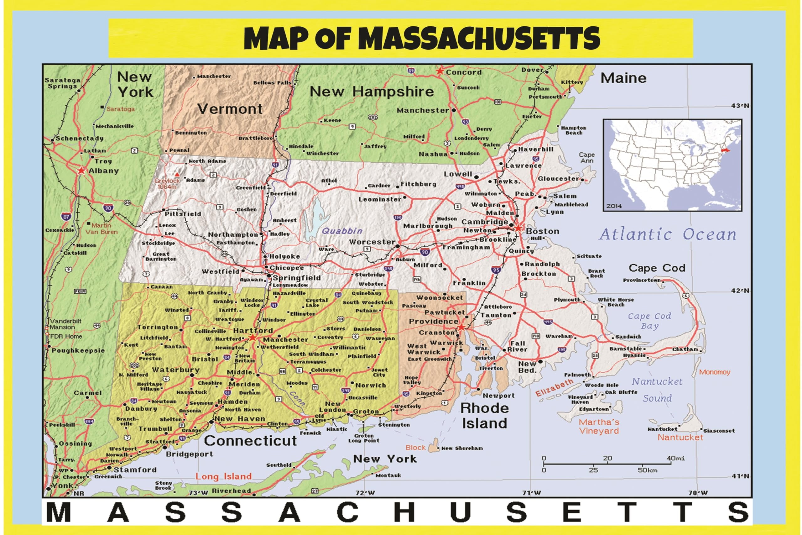 Map of Massachusetts Style 2 - Glossy Heavy Paper Wall Map Poster Print Perfect for Classrooms ...