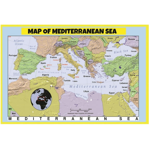 Map of Mediterranean Sea - Glossy Heavy Paper Wall Map Poster Print Perfect for Classrooms and ...