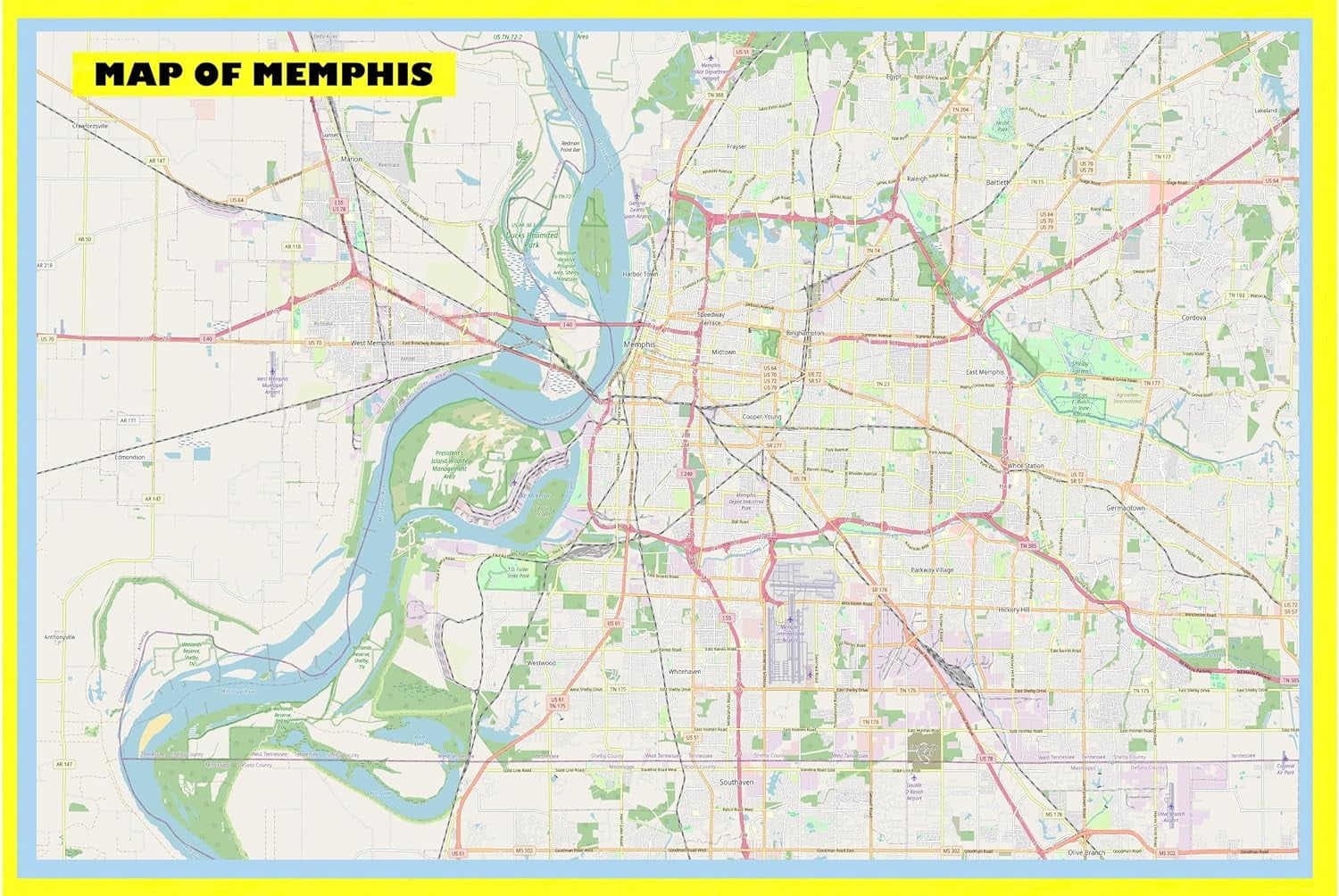 Map of Memphis 24x36 with Neighborhoods, Streets, Roads, Highways and ...