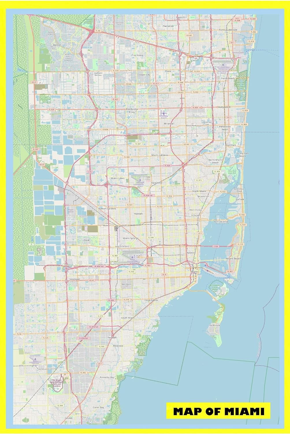 Map of Miami 20x30 with Neighborhoods, Streets, Roads, Highways and ...
