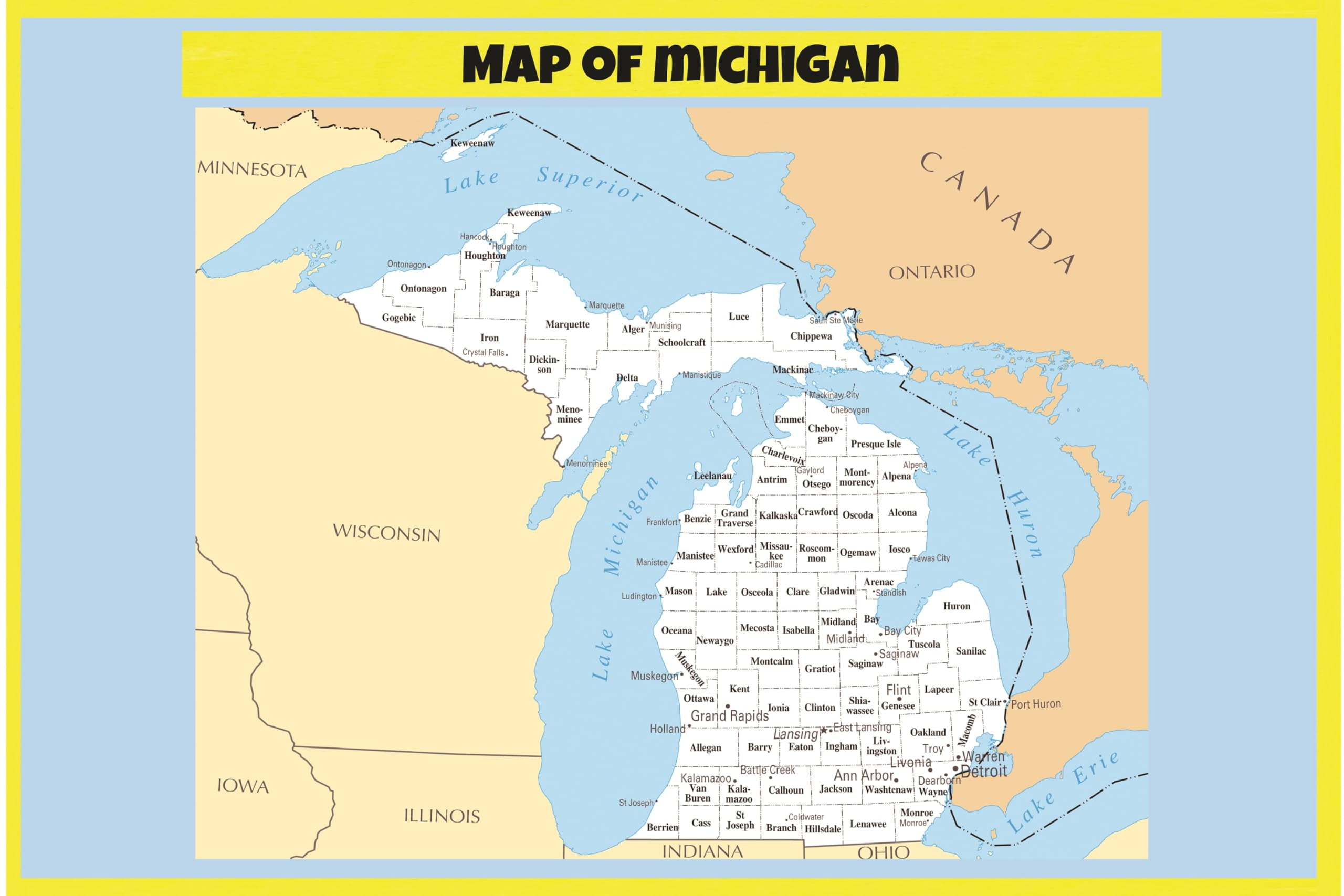 Map of Michigan - Glossy Heavy Paper Wall Map Poster Print Perfect for Classrooms and Homes ...