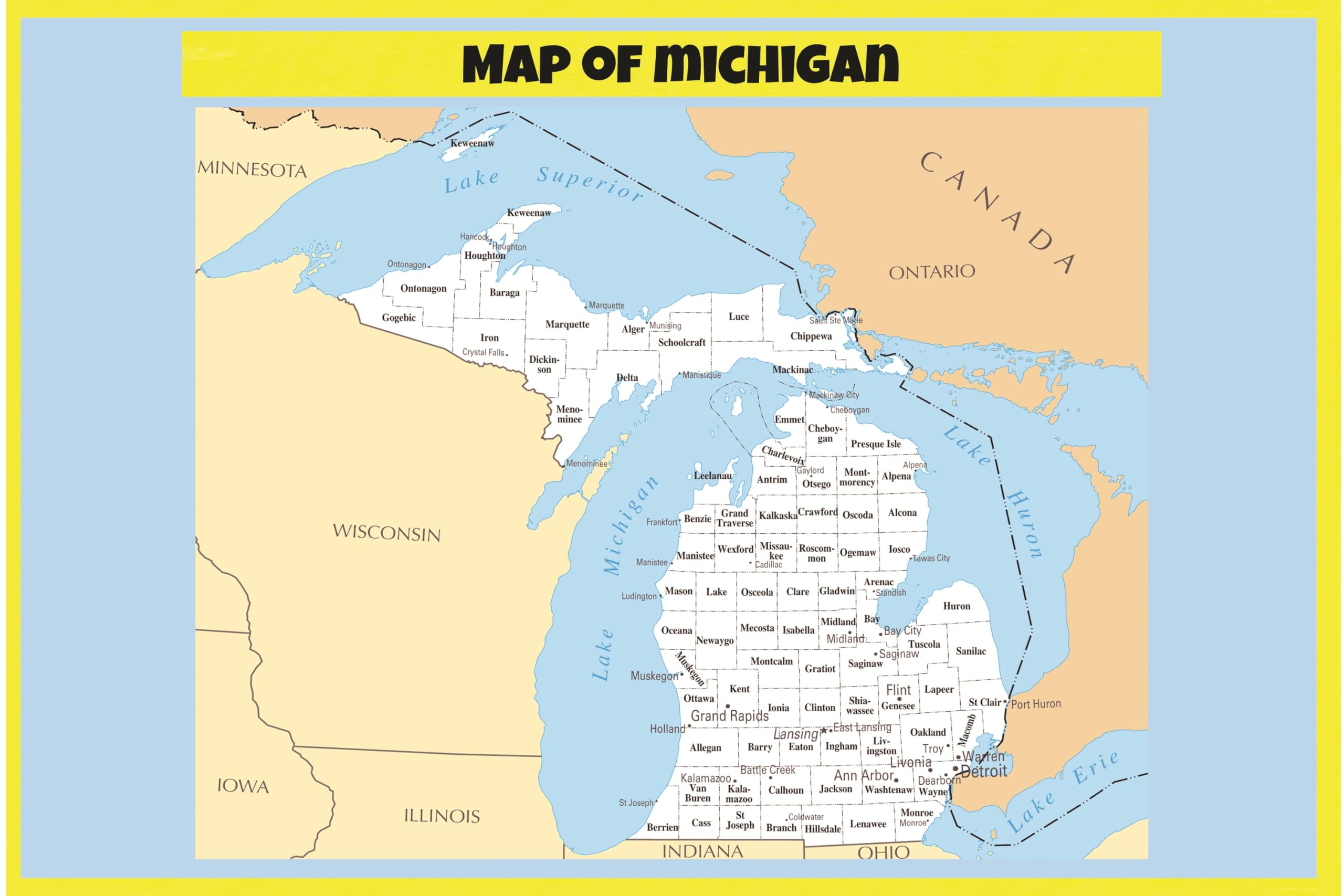 Map of Michigan - Laminated Wall Map Poster Print Perfect for ...