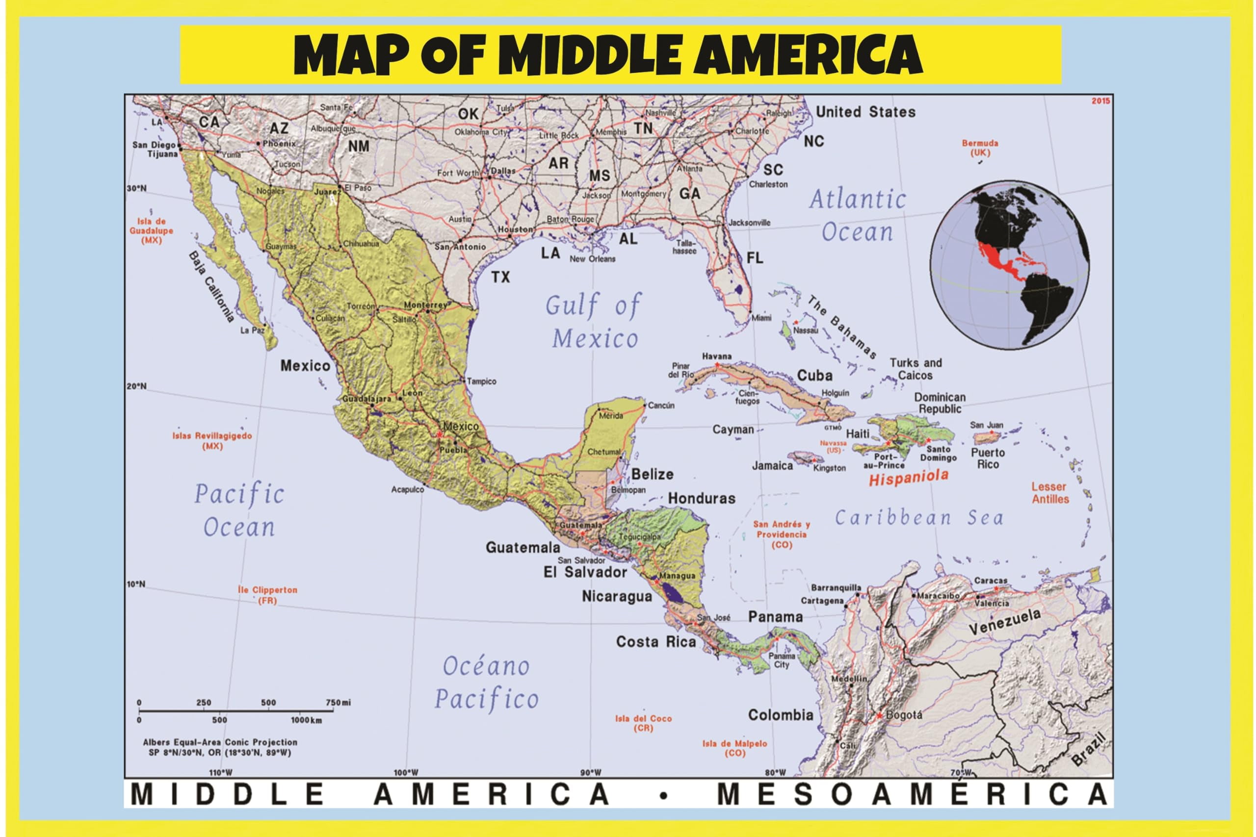 Map of Middle America - Laminated Wall Map Poster Print Perfect for ...