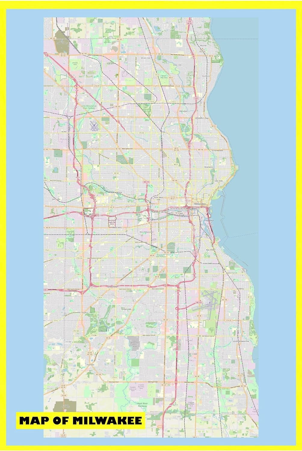 Map of Milwakee 18x24 with Neighborhoods, Streets, Roads, Highways and ...
