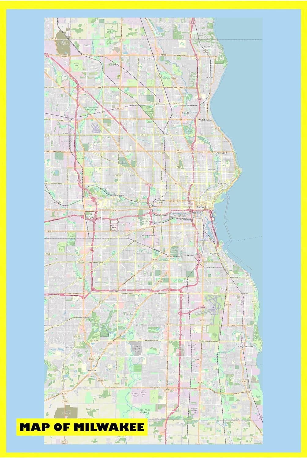 Map of Milwakee 24x36 with Neighborhoods, Streets, Roads, Highways and ...