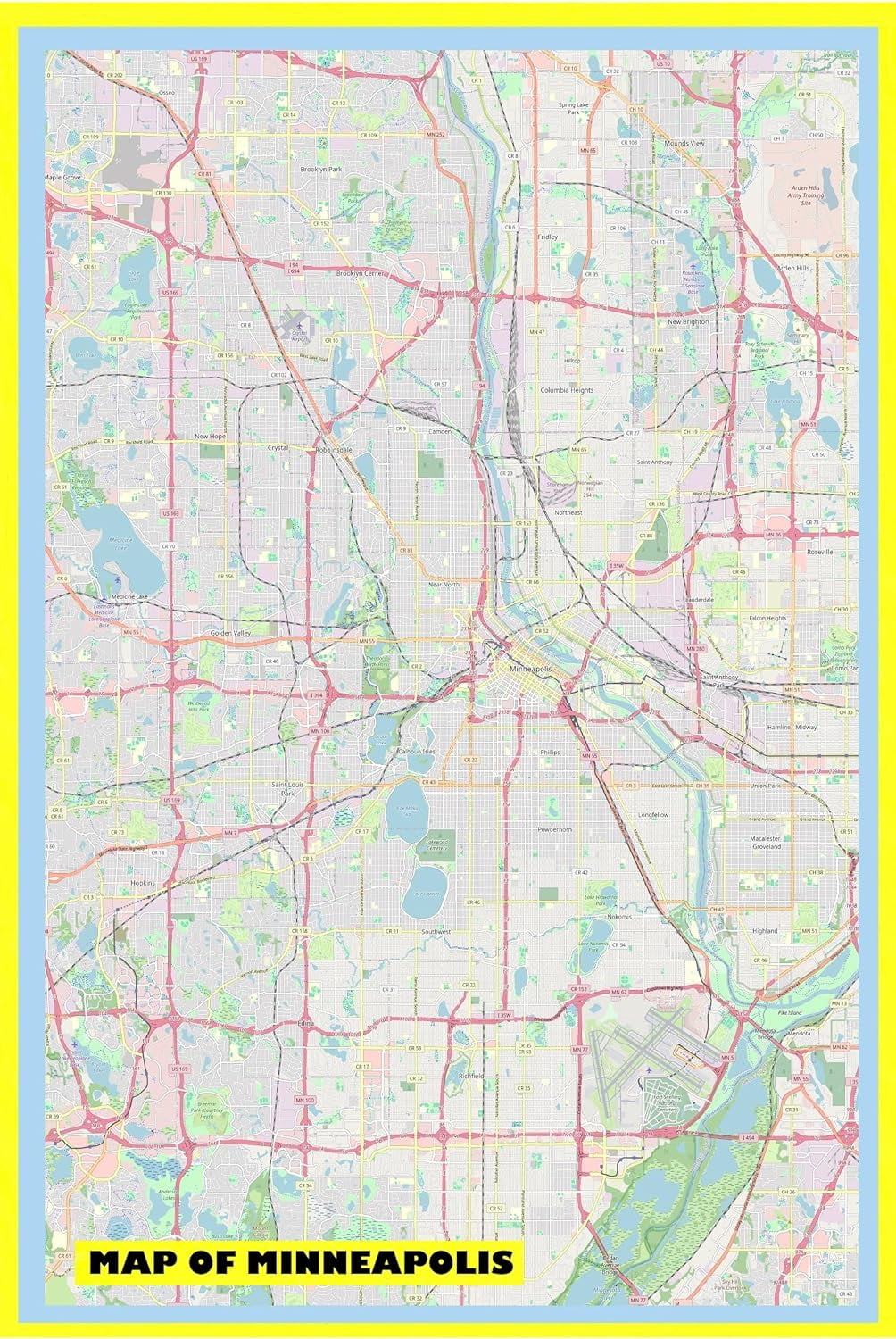 Map of Minneapolis 18x24 with Neighborhoods, Streets, Roads, Highways ...