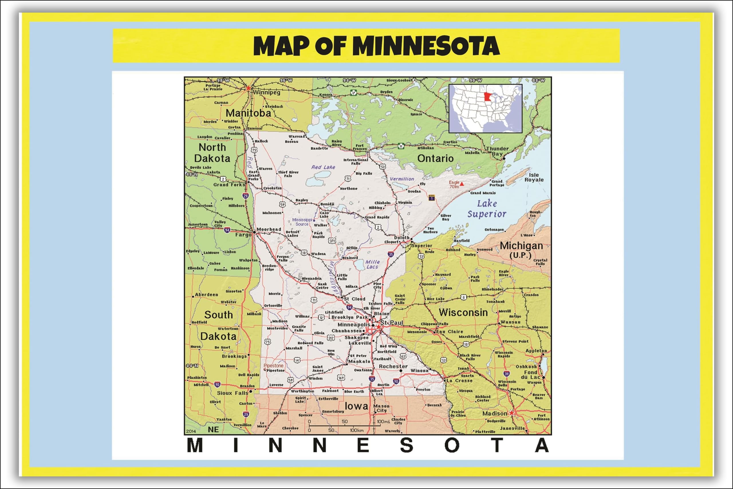 Map of Minnesota Style C - Glossy Heavy Paper Wall Map Poster Print ...