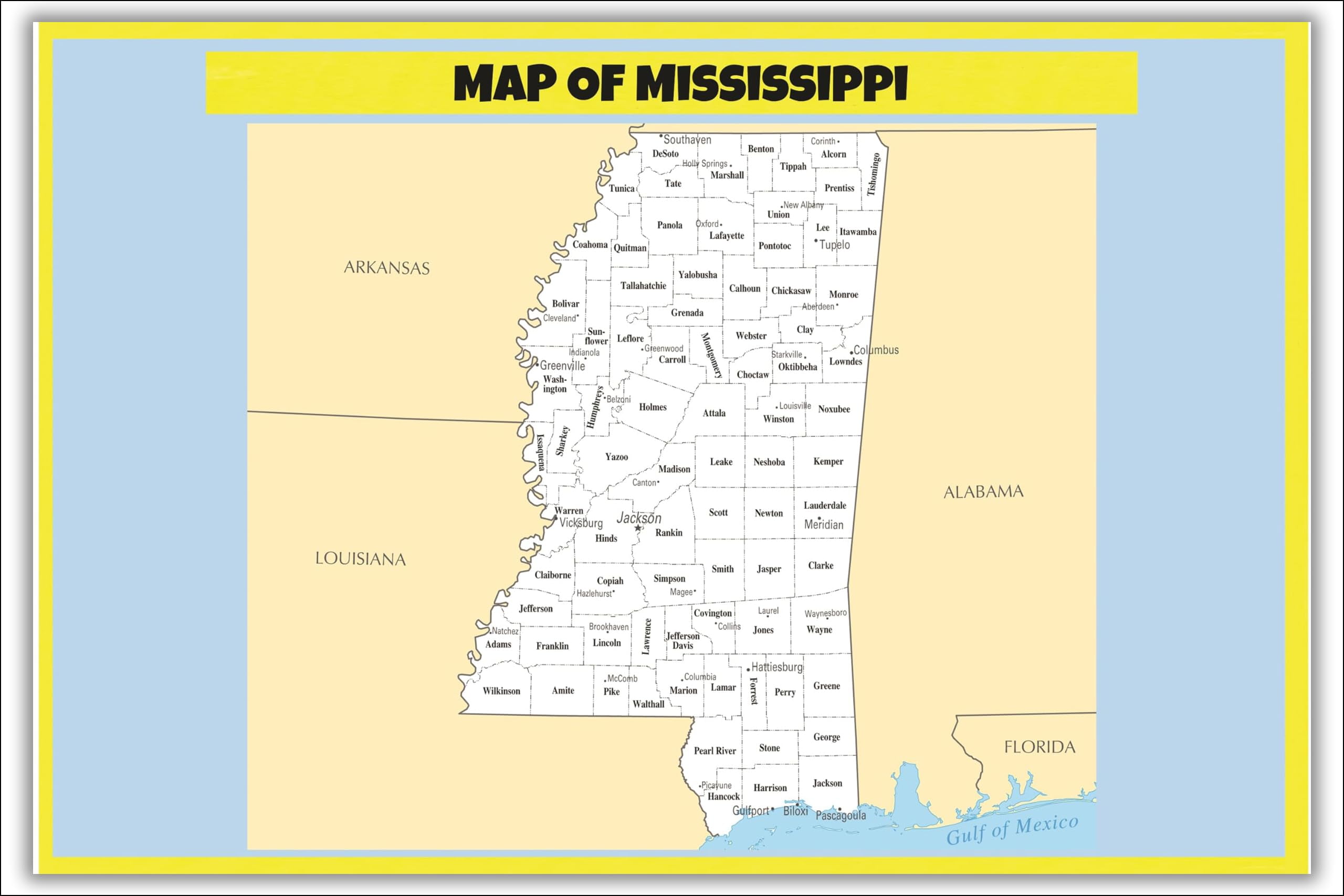 Map of Mississippi - Glossy Heavy Paper Wall Map Poster Print Perfect for Classrooms and Homes ...