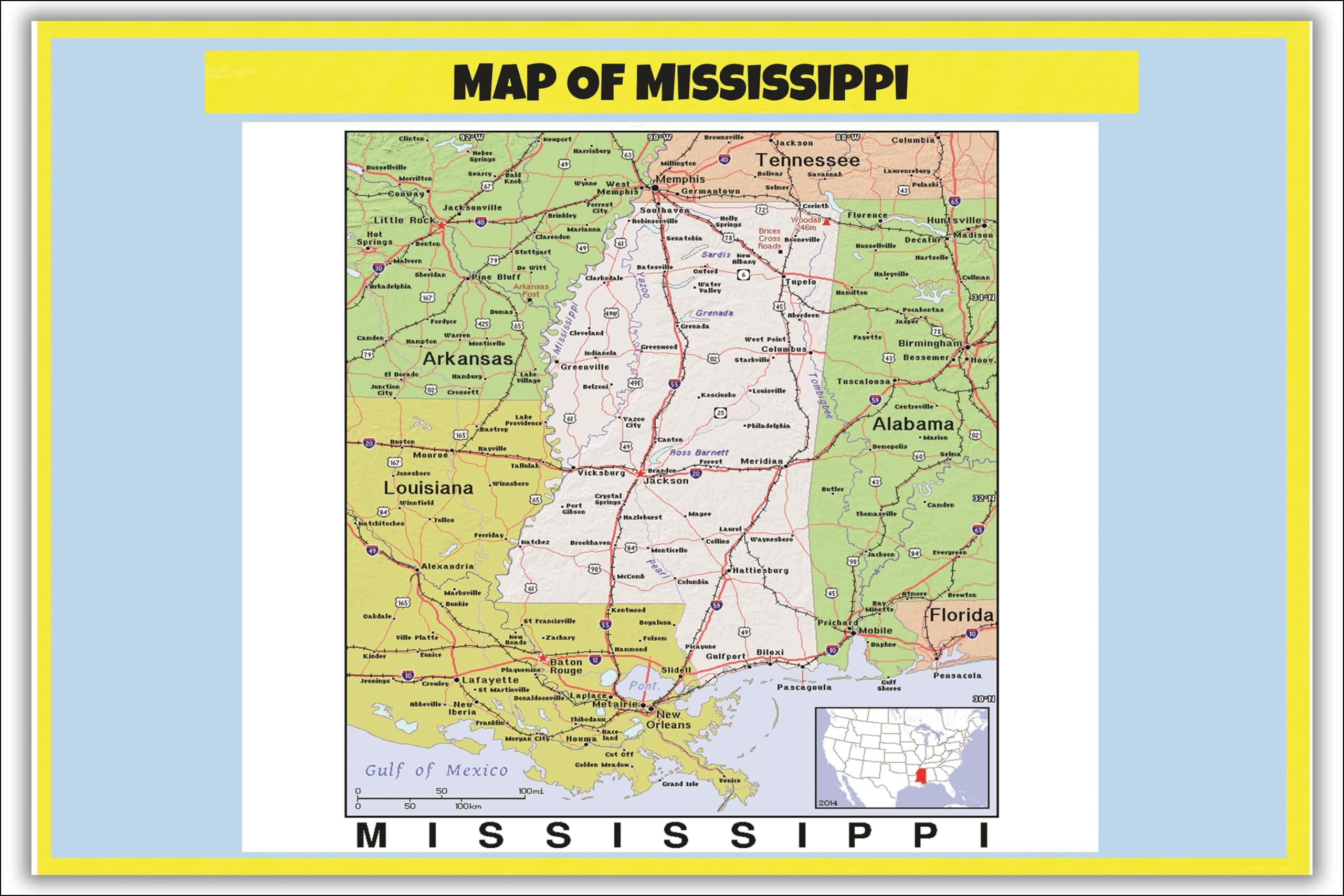Map of Mississippi Style C - Glossy Heavy Paper Wall Map Poster Print Perfect for Classrooms and ...