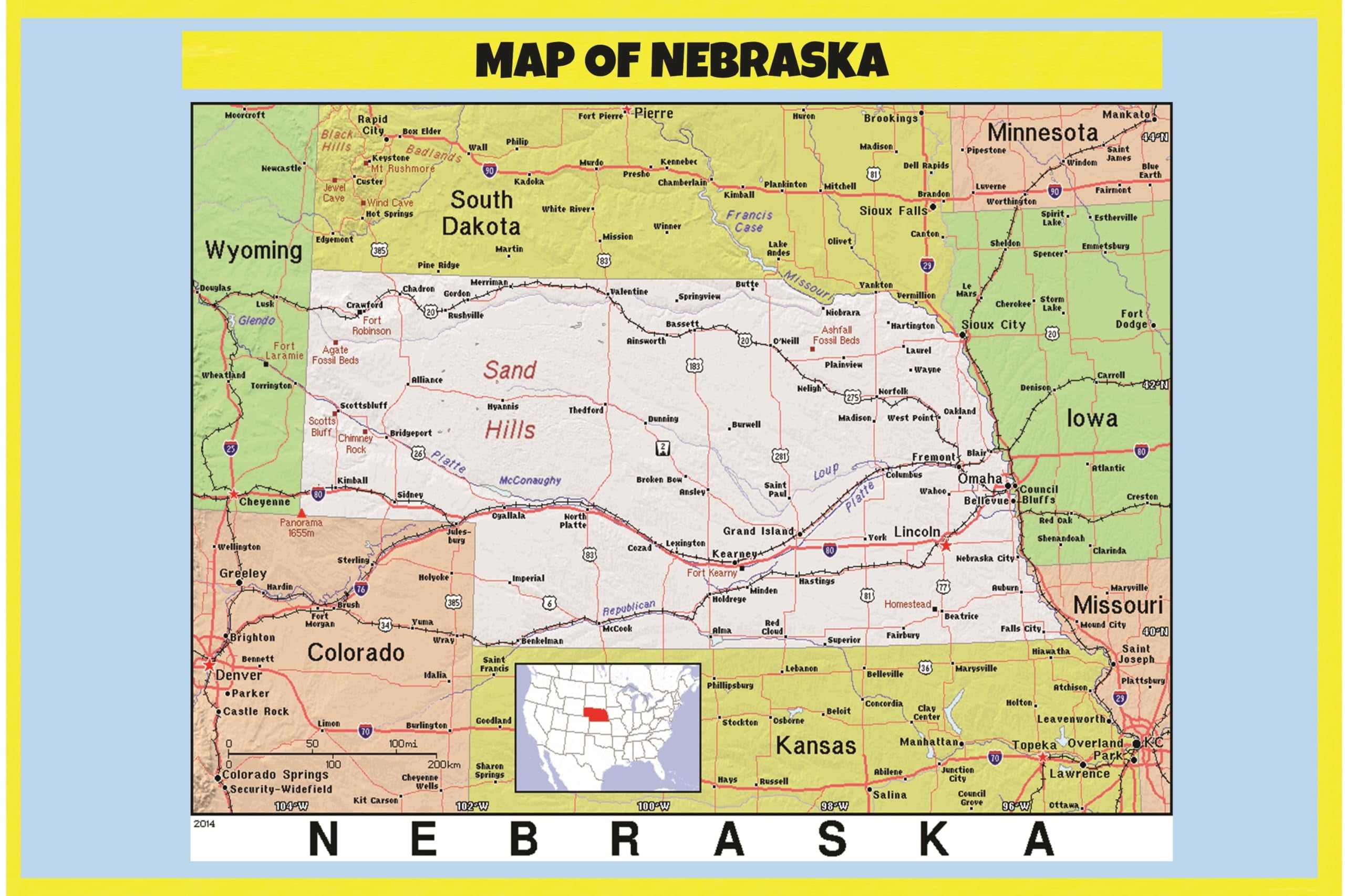 Map of Nebraska Style C - Glossy Heavy Paper Wall Map Poster Print Perfect for Classrooms and ...