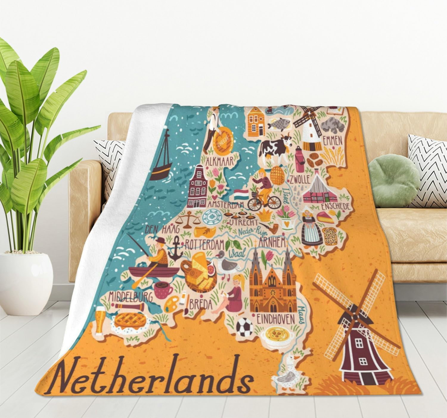 Map of Netherlands Blanket Dutch Landmarks Holland Food Windmill Blue ...