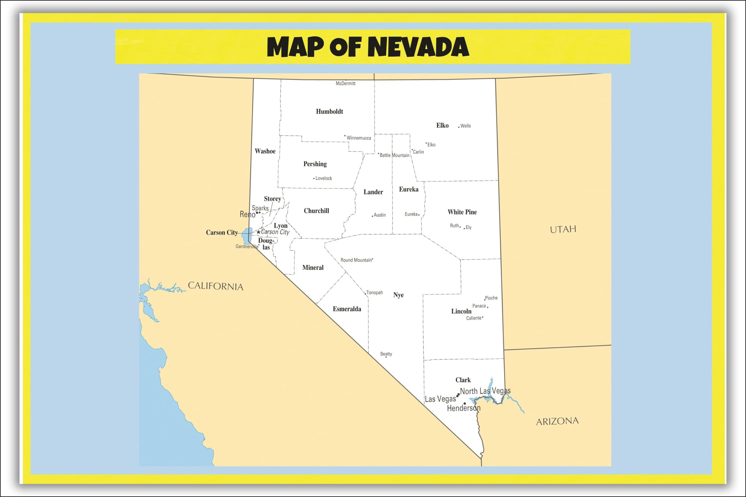 Map of Nevada- Glossy Heavy Paper Wall Map Poster Print Perfect for Classrooms and Homes - Vivid ...